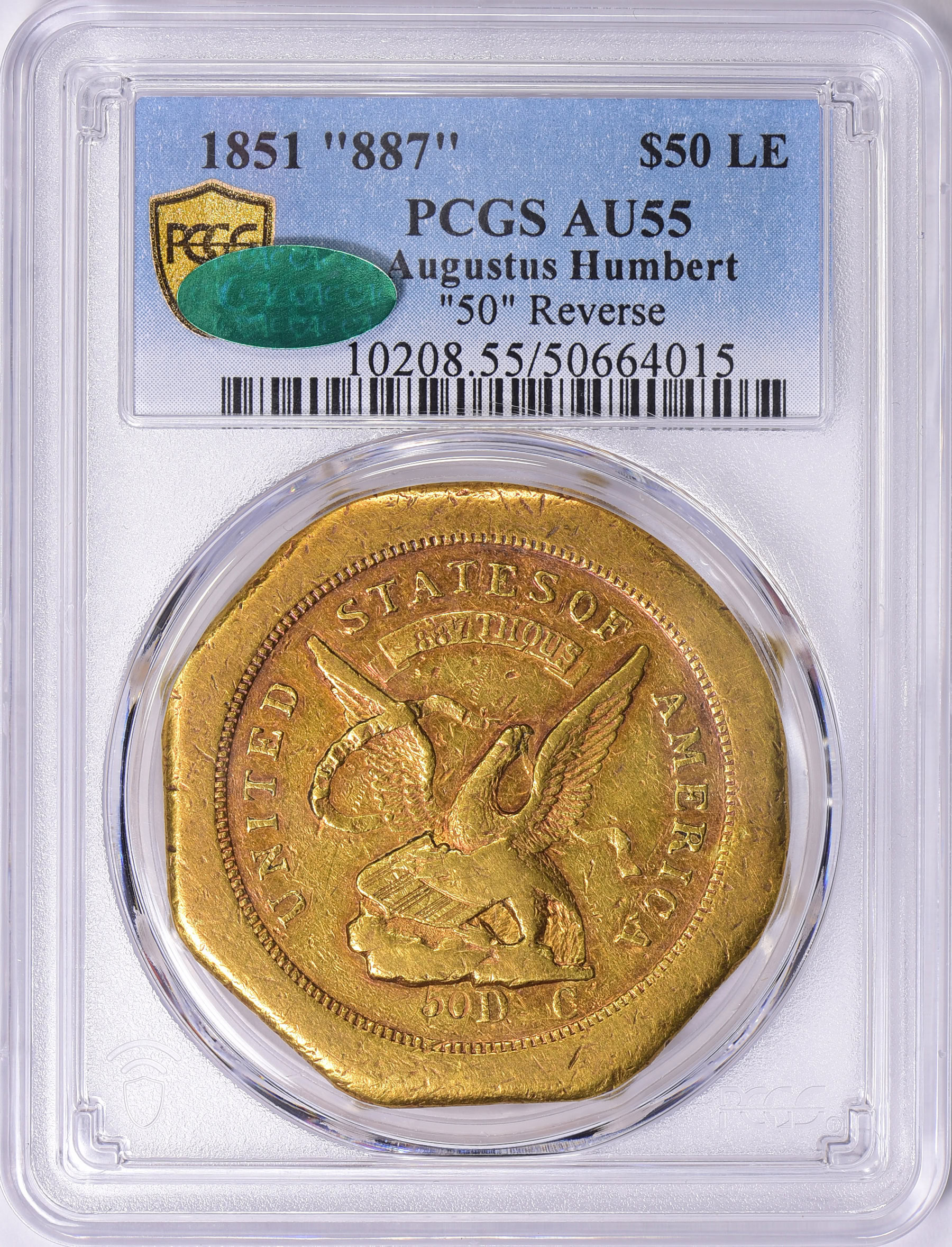 1851 California Gold $50 U.S. Gold Assay Office Augustus Humbert 887 50 Reverse Lettered Edge ...