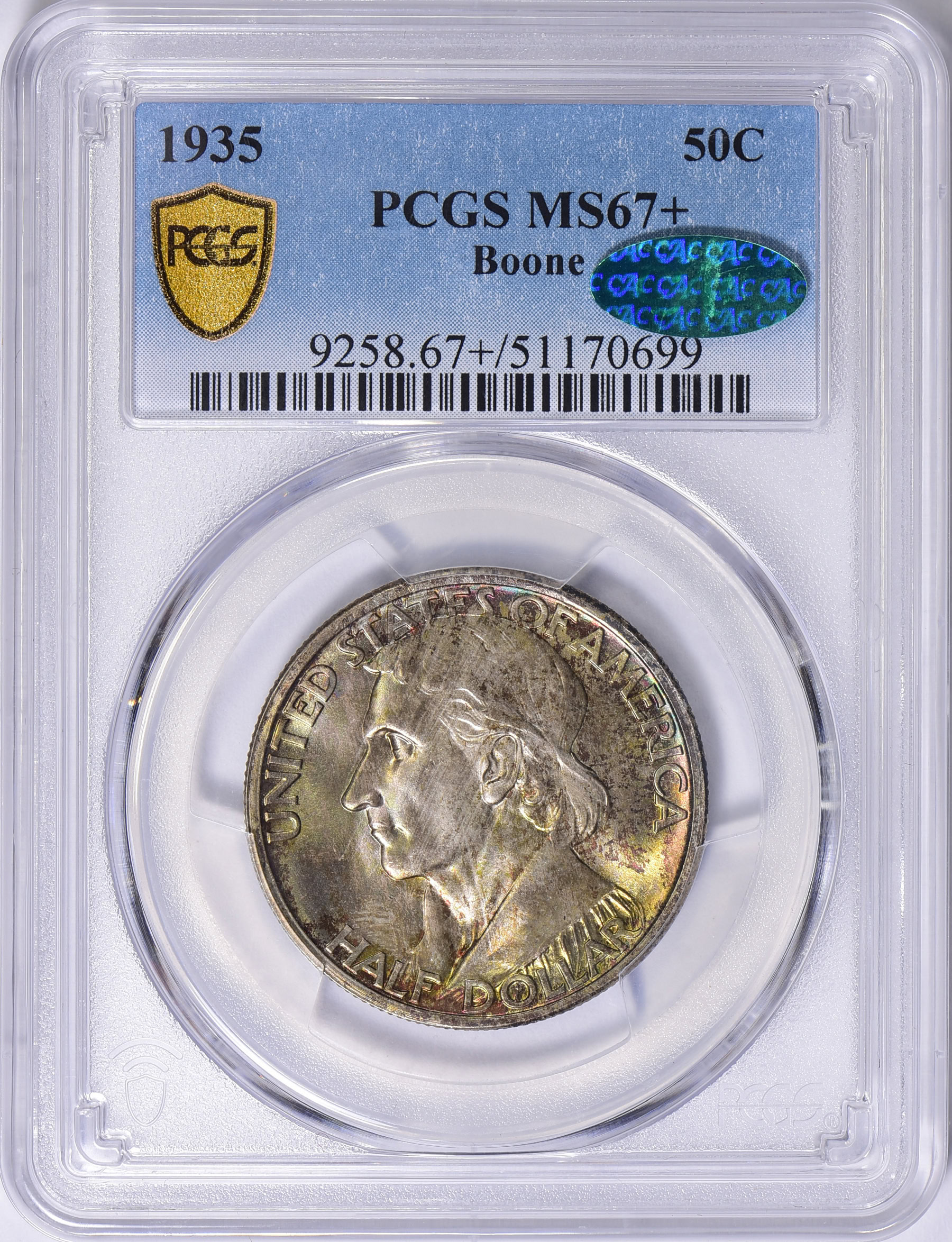 1935 Daniel Boone Bicentennial Half Dollar PCGS MS-67+ (CAC Green) (Toned) (Item 1689754 ...