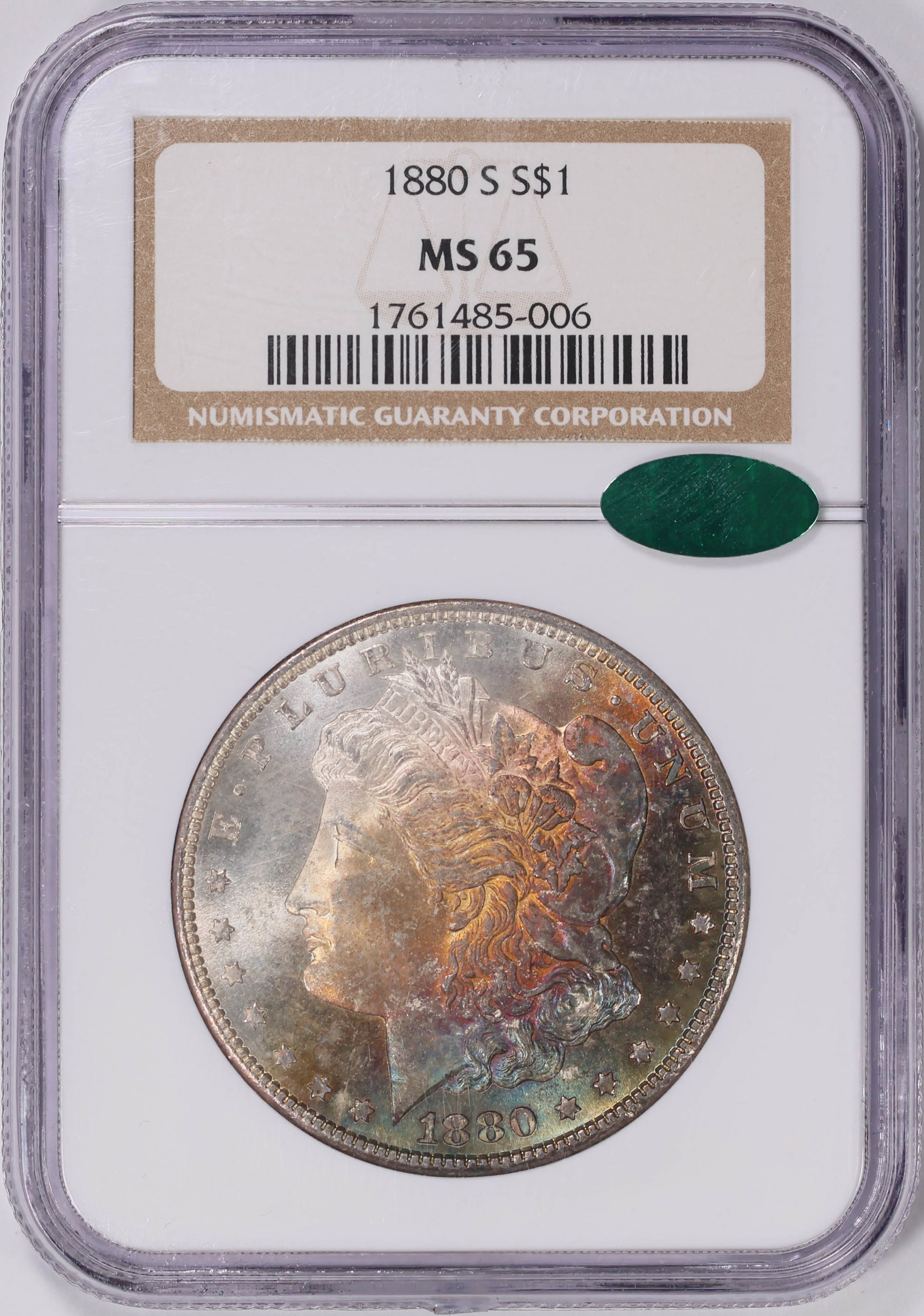 1880-S Morgan Silver Dollar NGC MS-65 (CAC Green) (Toned) (Item 1690003) | GreatCollections Coin ...