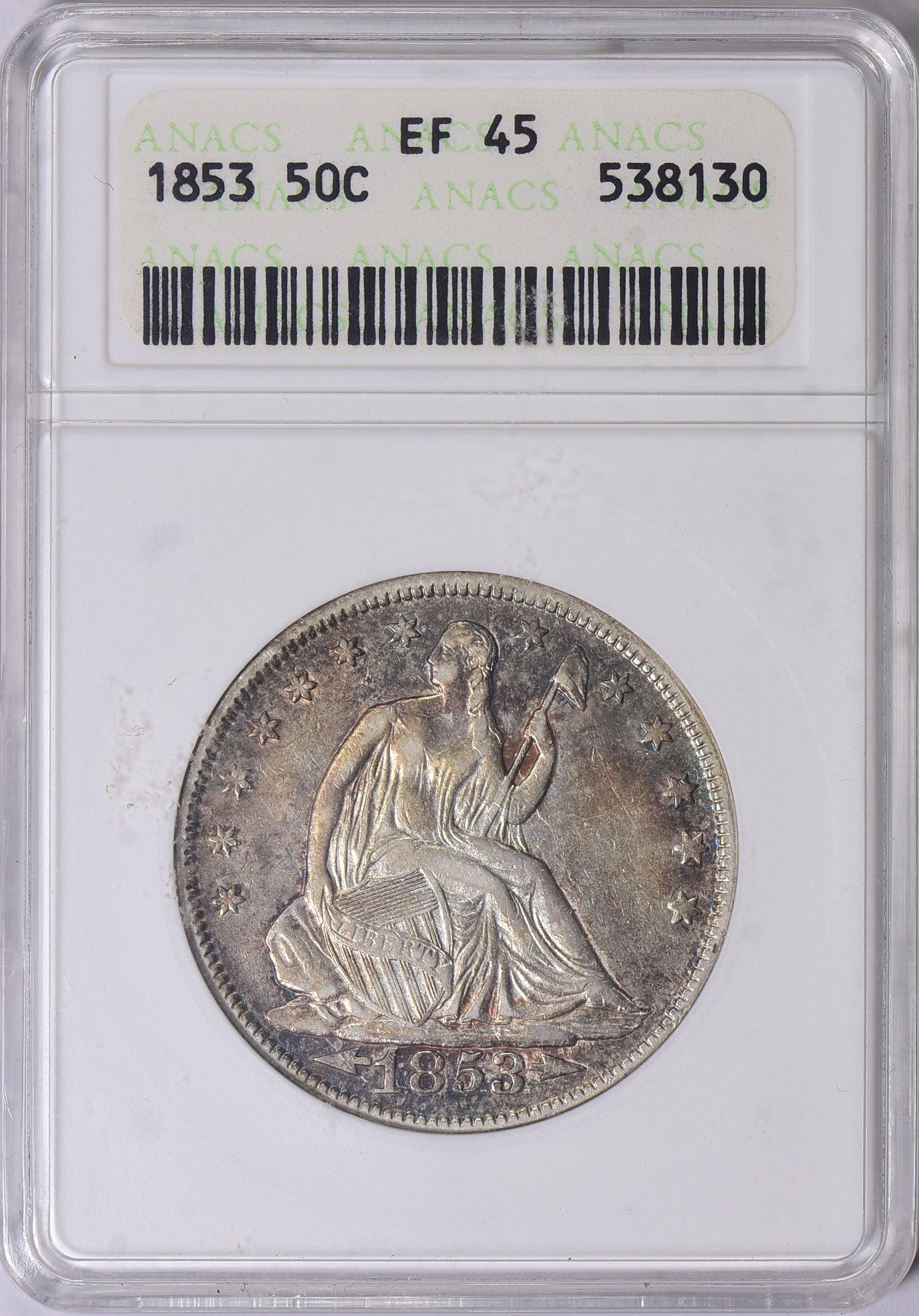 1853 Seated Liberty Half Dollar Arrows and Rays ANACS XF-45 OH (Toned) (Item 1690182 ...