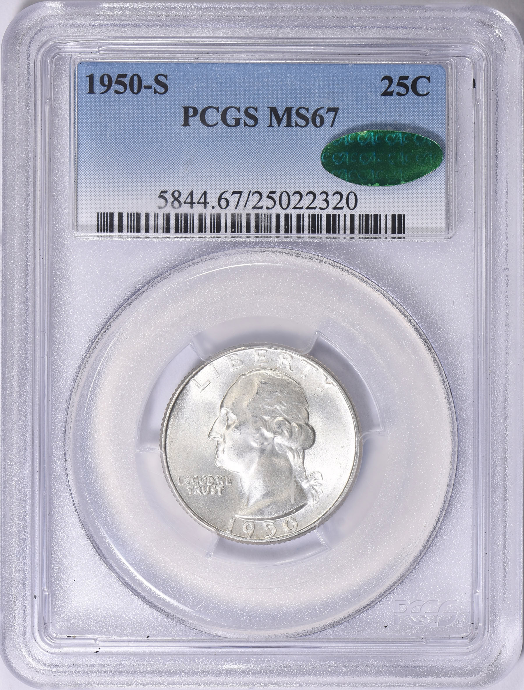 1950-S Washington Quarter PCGS MS-67 (CAC Green) (Item 1690336) | GreatCollections Coin Auctions