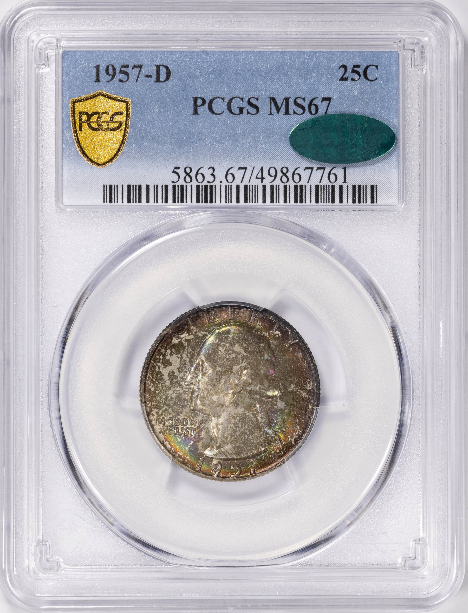 1957-D Washington Quarter PCGS MS-67 (CAC Green) (Toned) (Item 1690795) | GreatCollections Coin ...