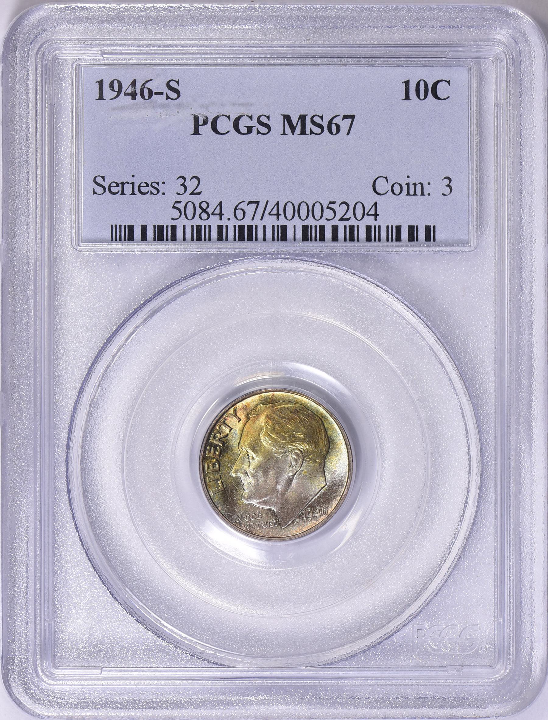 1946-S Roosevelt Dime PCGS MS-67 (Toned) (Item 1690805) | GreatCollections Coin Auctions