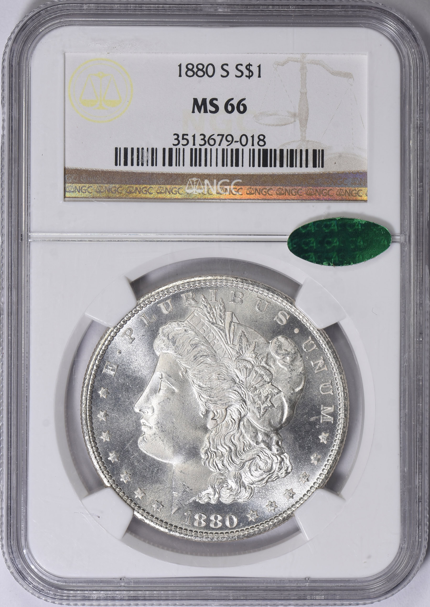 1880-S Morgan Silver Dollar NGC MS-66 (CAC Green) (Item 1691129) | GreatCollections Coin Auctions