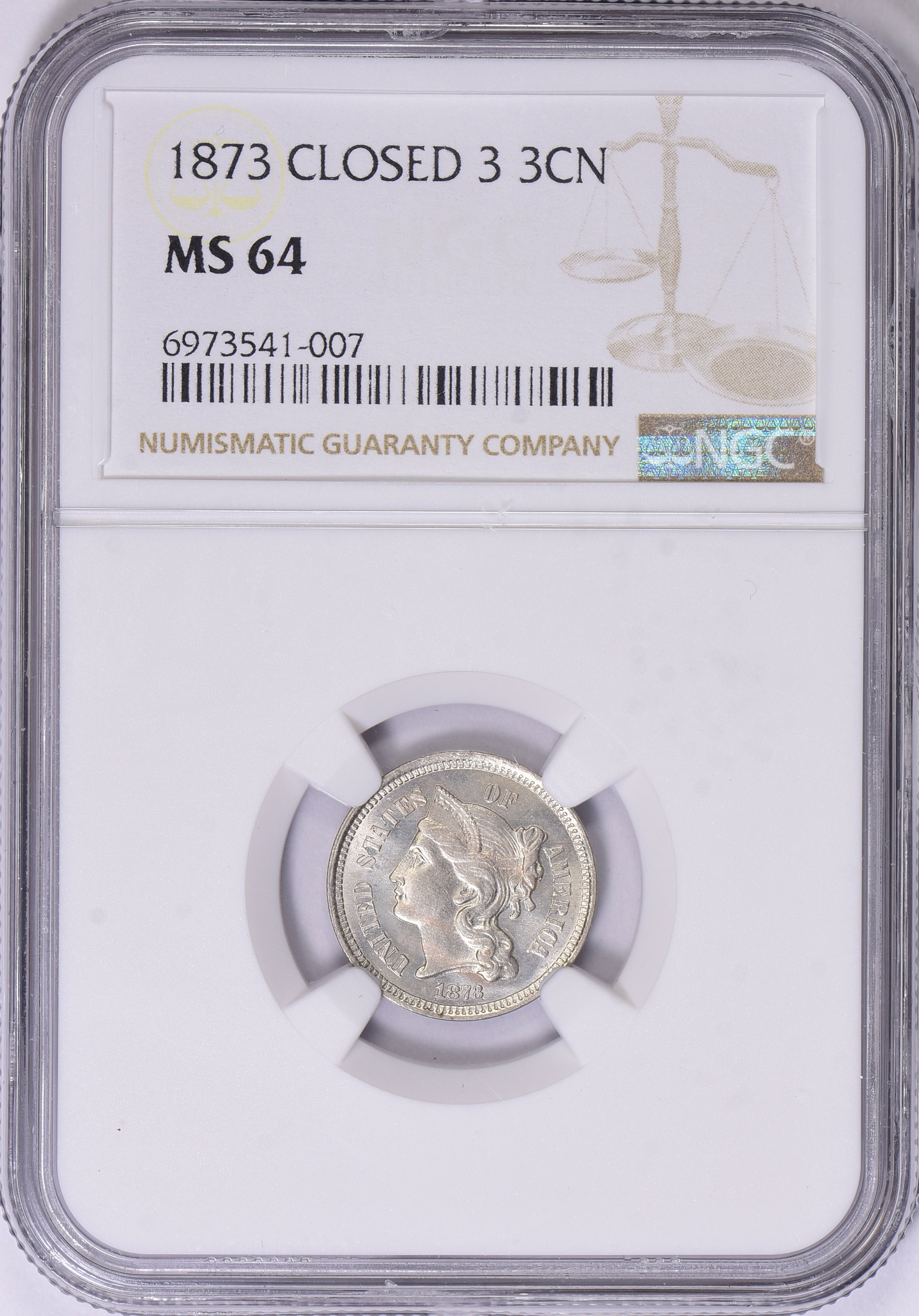1873 Nickel Three-Cent Piece Closed 3 NGC MS-64 (Item 1691175) | GreatCollections Coin Auctions