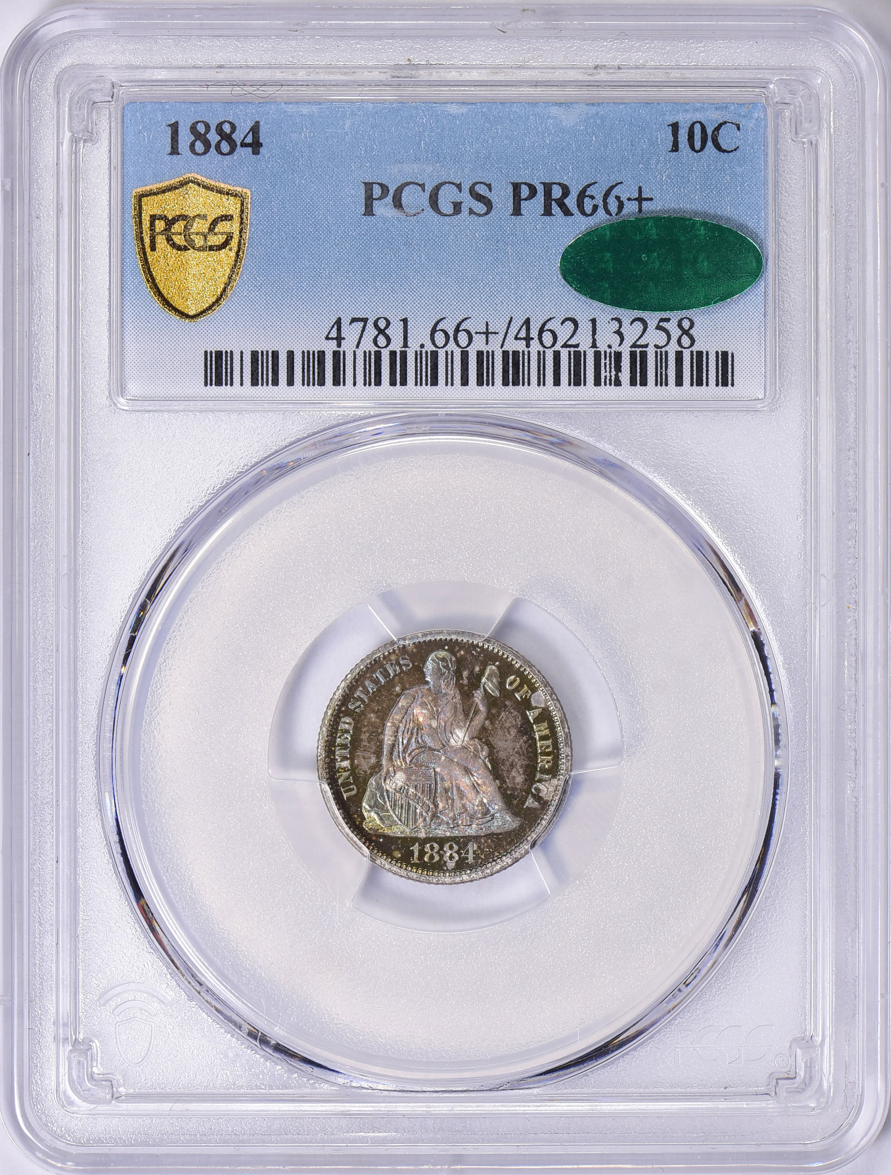1884 Seated Liberty Dime PCGS Proof-66+ (CAC Green) (Toned) (Item 1691193) | GreatCollections ...