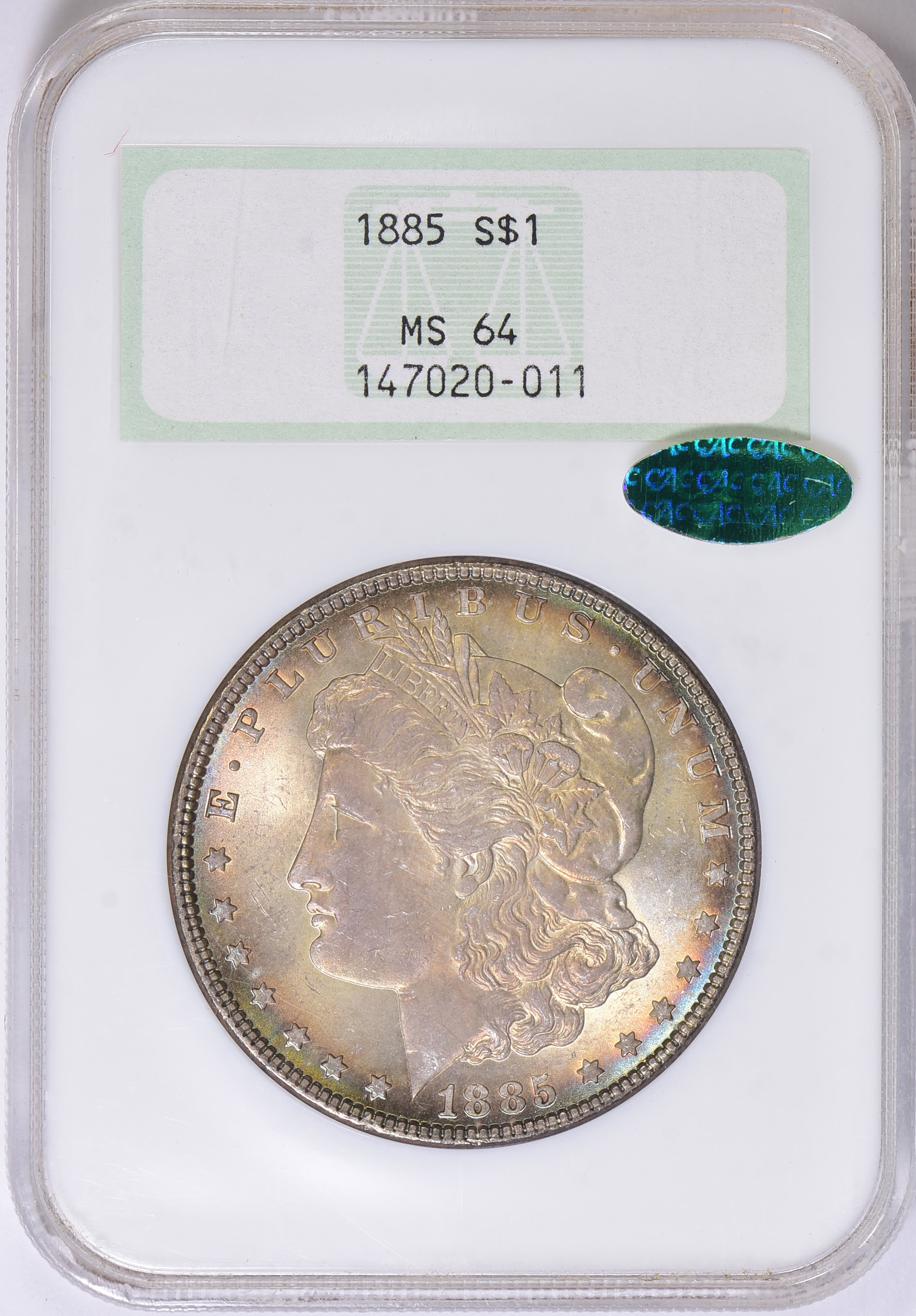 1885 Morgan Silver Dollar NGC MS-64 (CAC Green) OH (Toned) (Item 1691607) | GreatCollections ...
