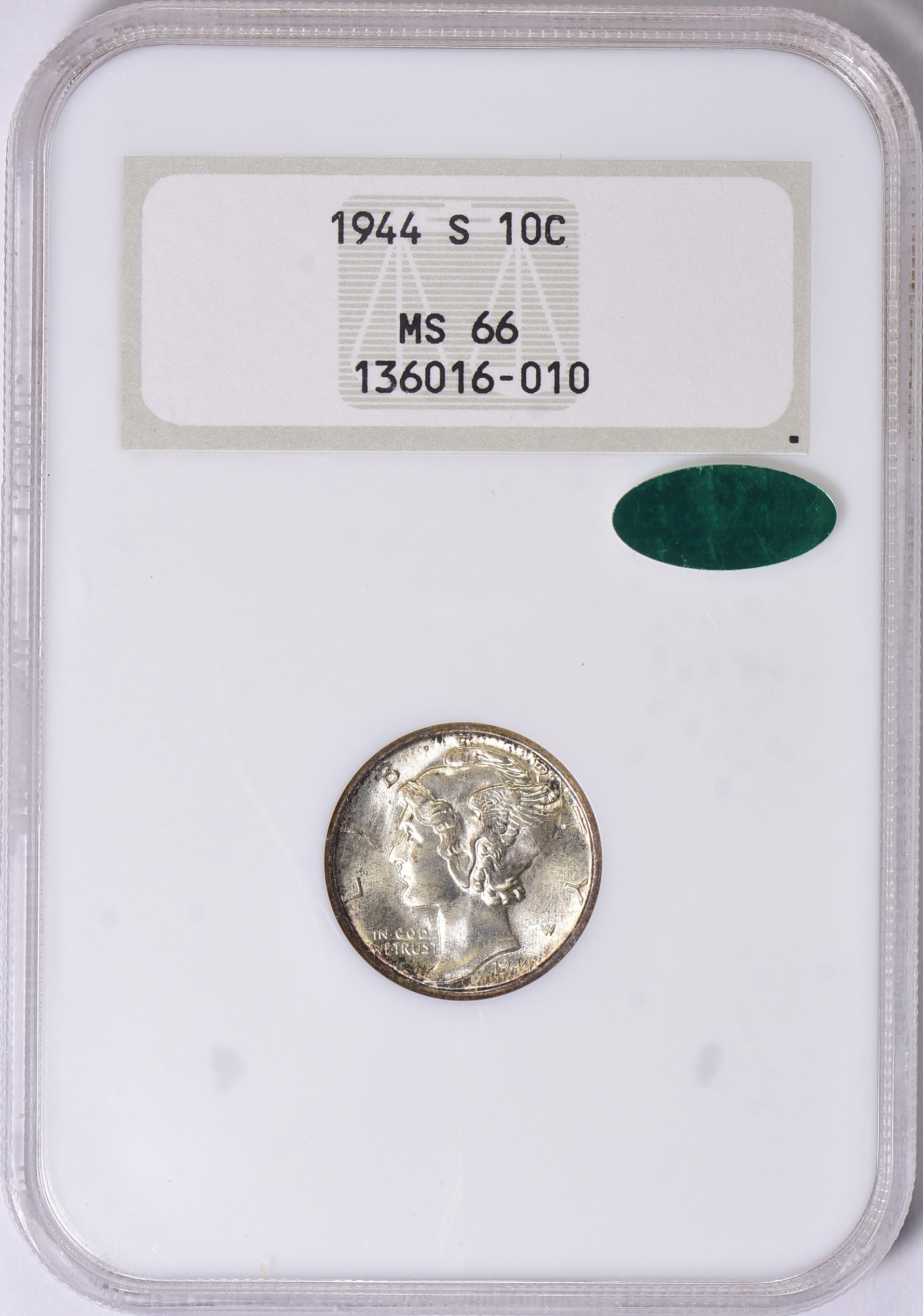 1944-S Mercury Dime NGC MS-66 (CAC Green) OH (Item 1691614) | GreatCollections Coin Auctions