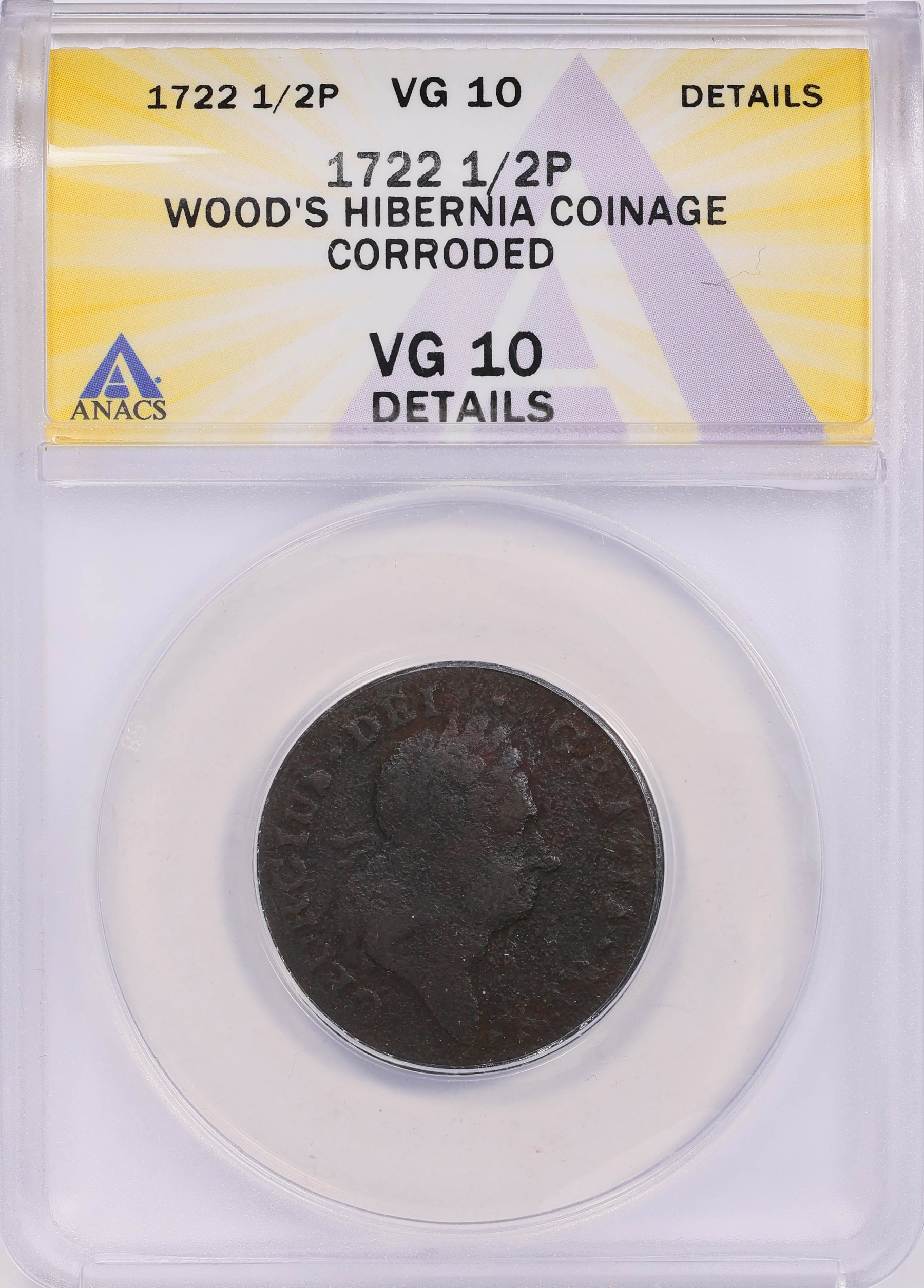 1722 Woods Hibernia Halfpence ANACS VG-10 Details (Item 1691692) | GreatCollections Coin Auctions