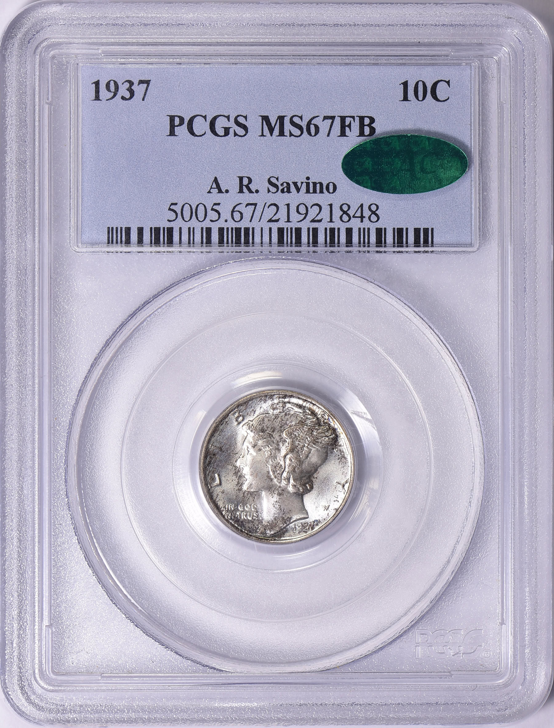 1937 Mercury Dime PCGS MS-67 FB (CAC Green) (A.R. Savino Collection) (Item 1692103 ...