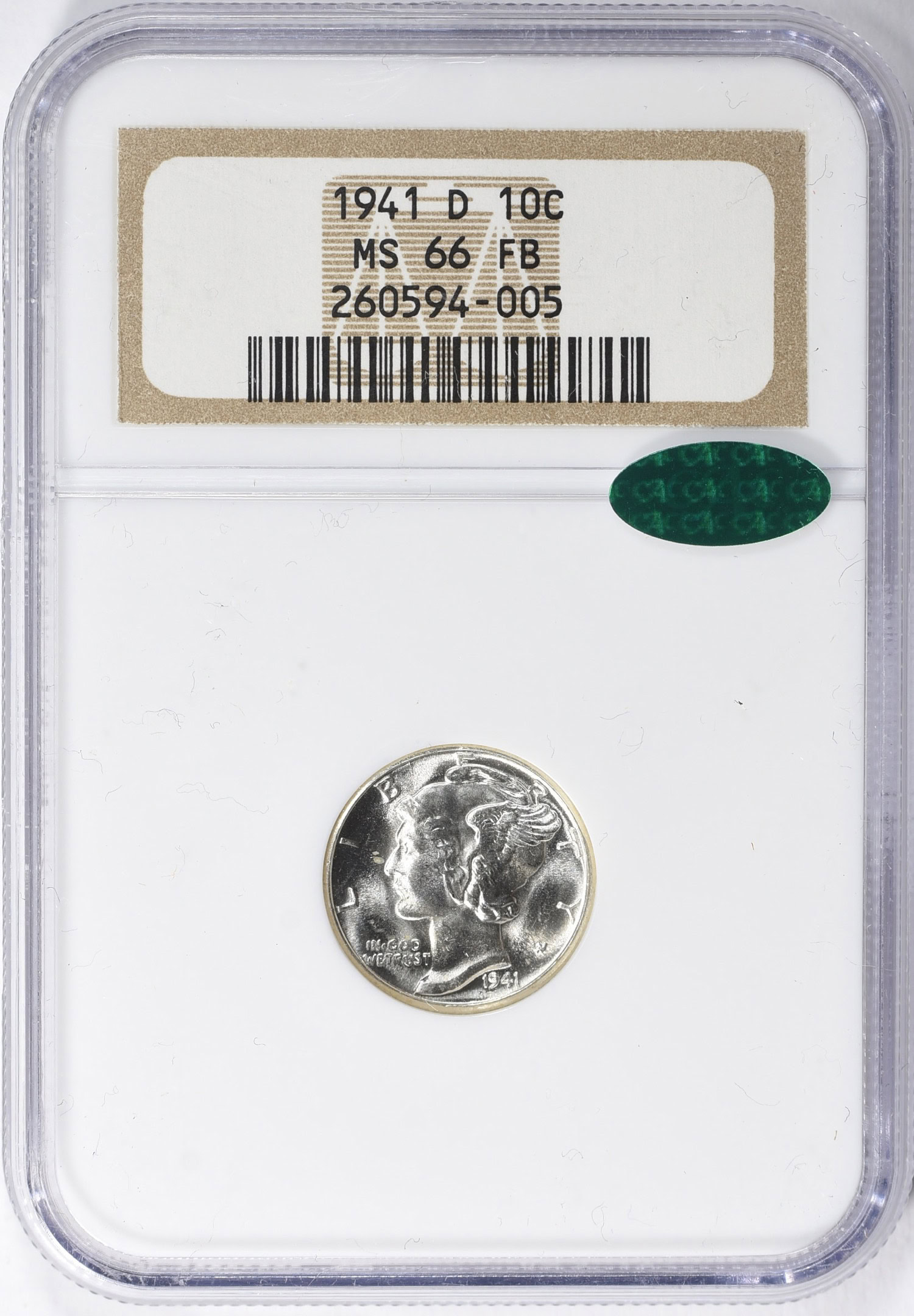 1941-D Mercury Dime NGC MS-66 FB (CAC Green) (Item 1692111) | GreatCollections Coin Auctions