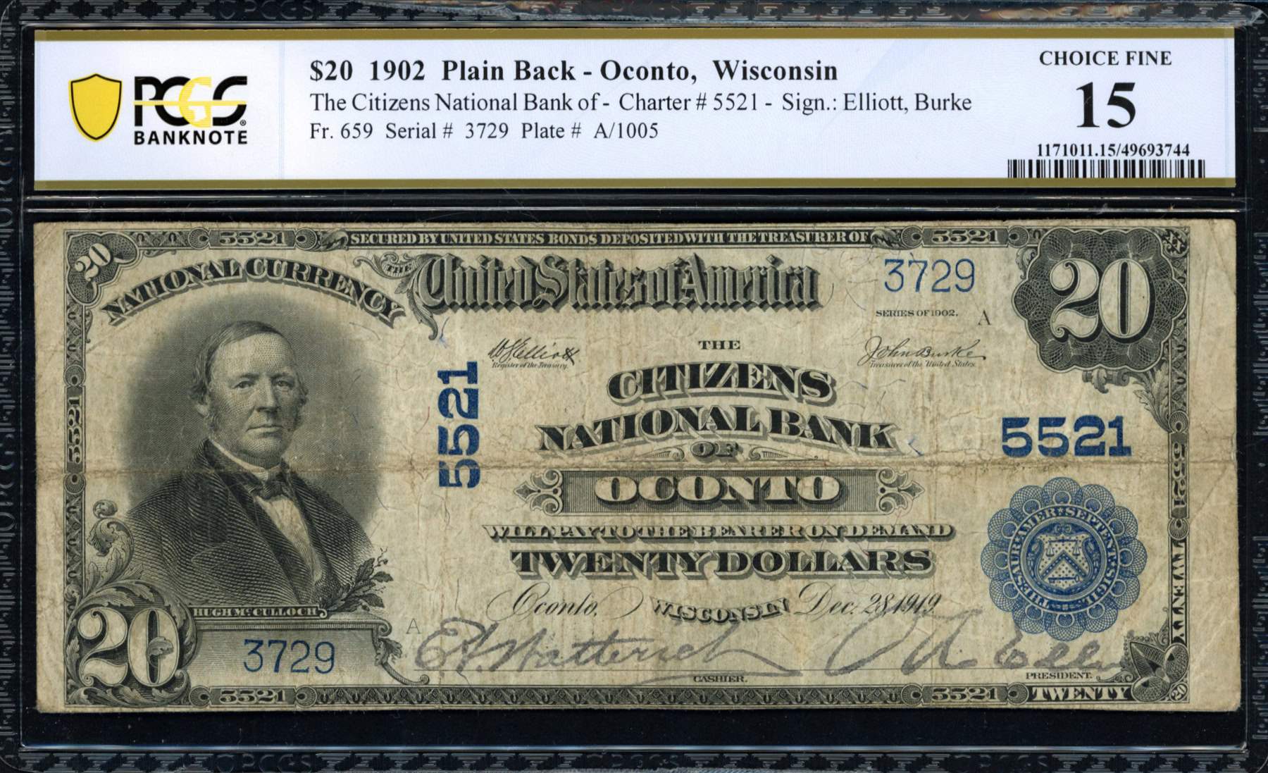 Fr. 659 Oconto, Wisconsin 1902 The Citizens National Bank $20 Plain ...
