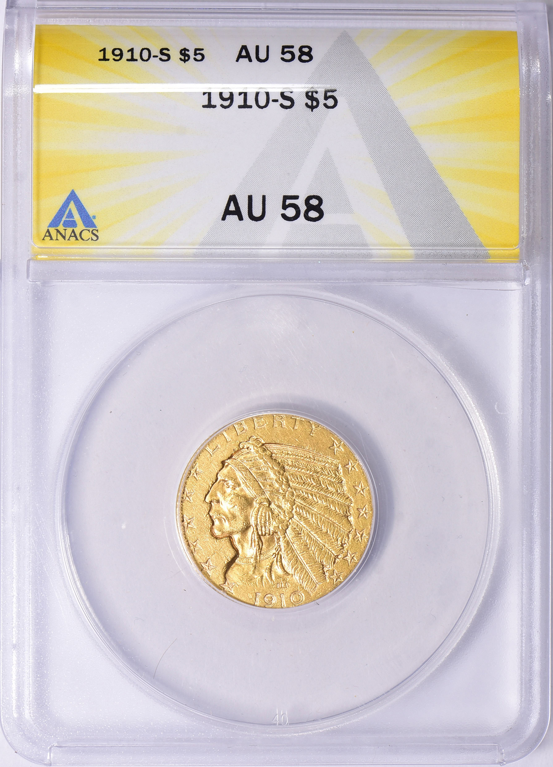 1910-S Indian Gold Half Eagle ANACS AU-58 (Item 1692135) | GreatCollections Coin Auctions
