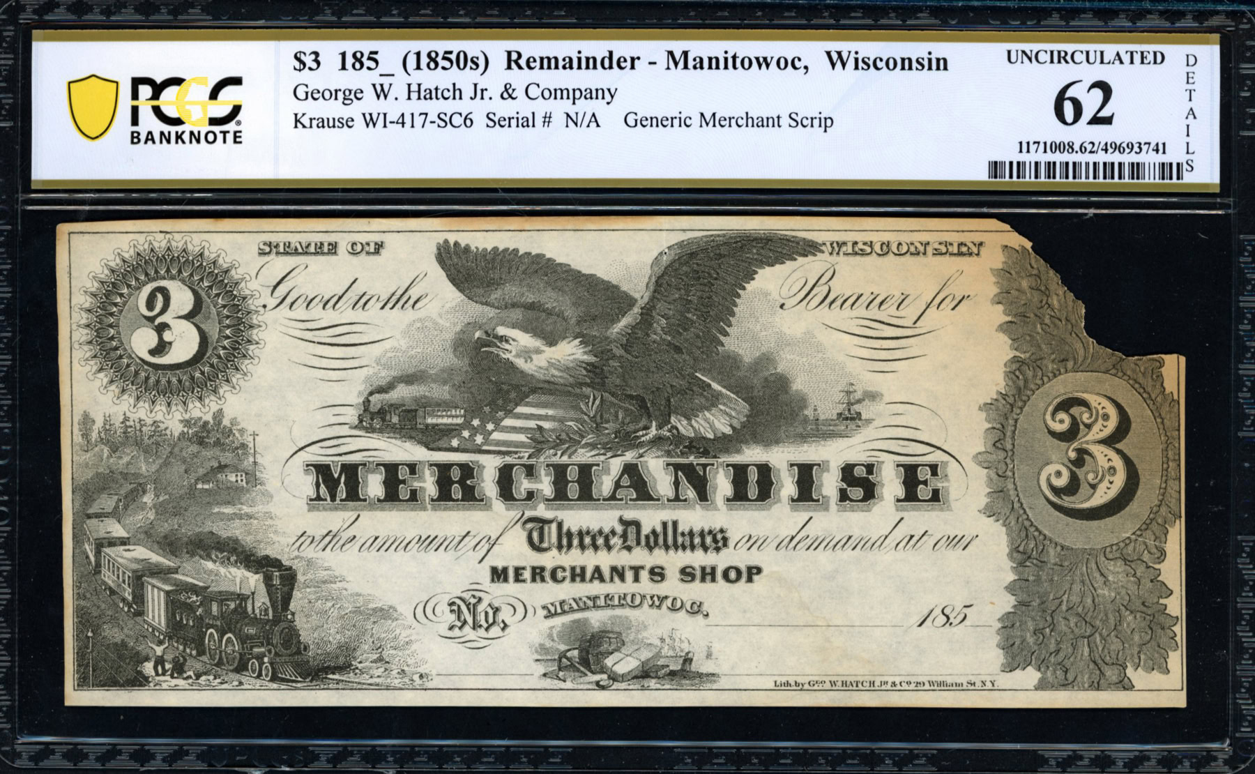 185_(1850s) Manitowoc, Wisconsin George W. Hatch Jr. & Company $3 Note ...