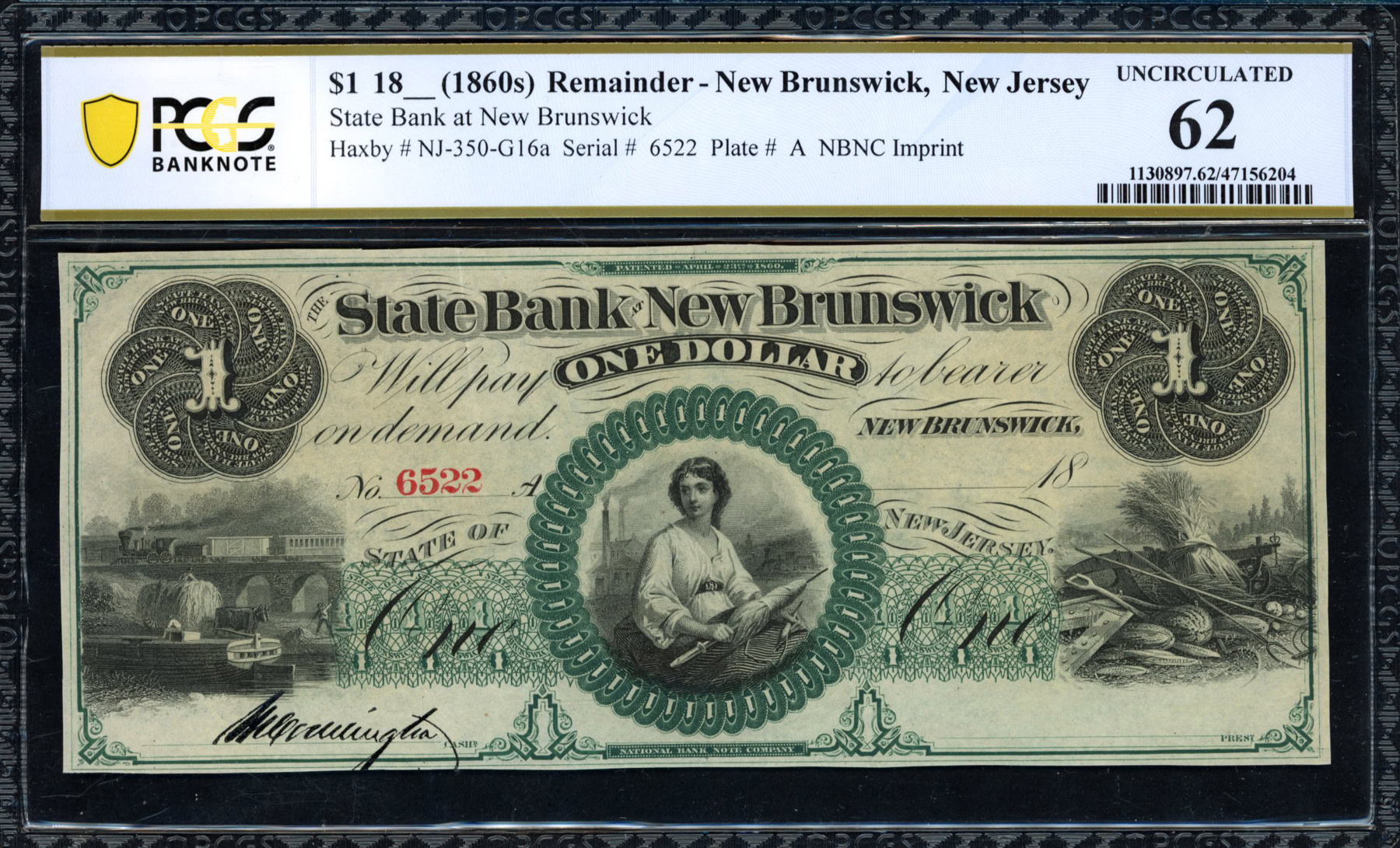 1860s New Brunswick, New Jersey State Bank at New Brunswick $1 ...