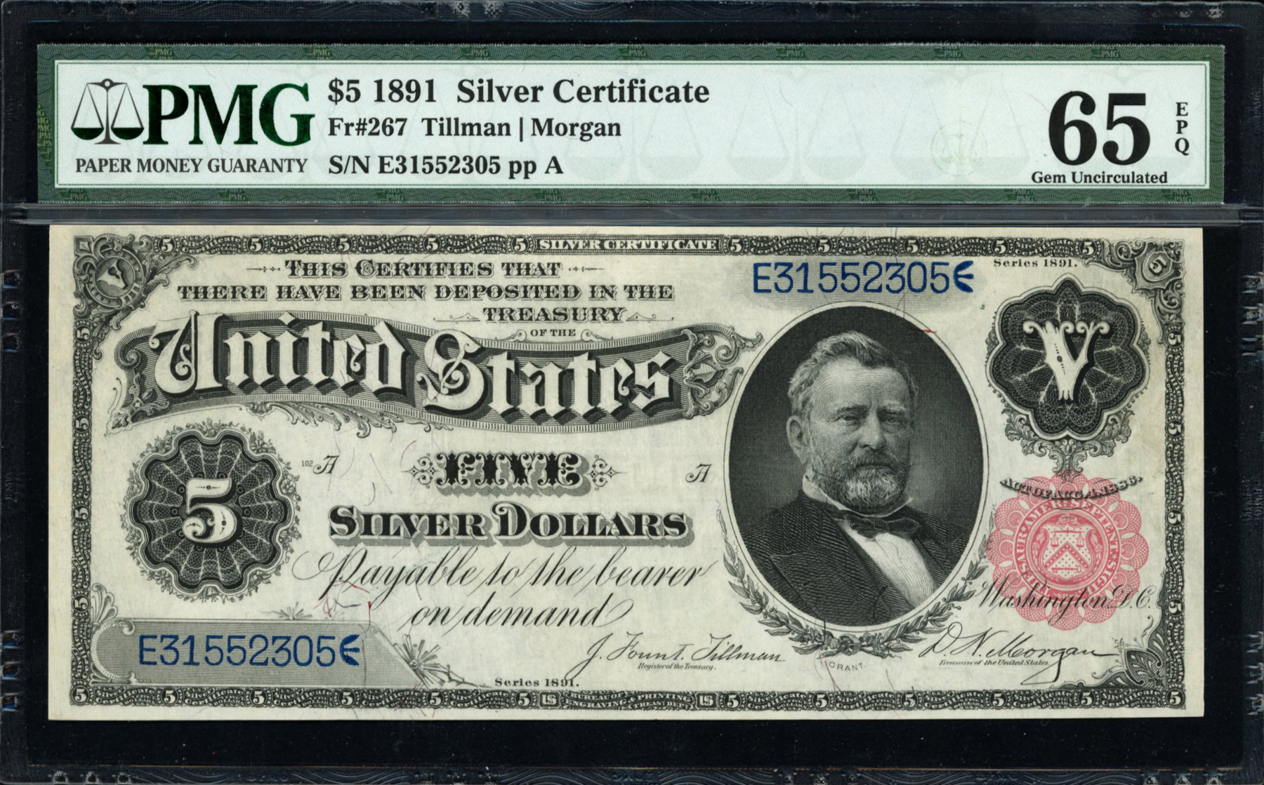 Fr. 267 1891 $5 Silver Certificate Note Tillman / Morgan PMG Gem ...