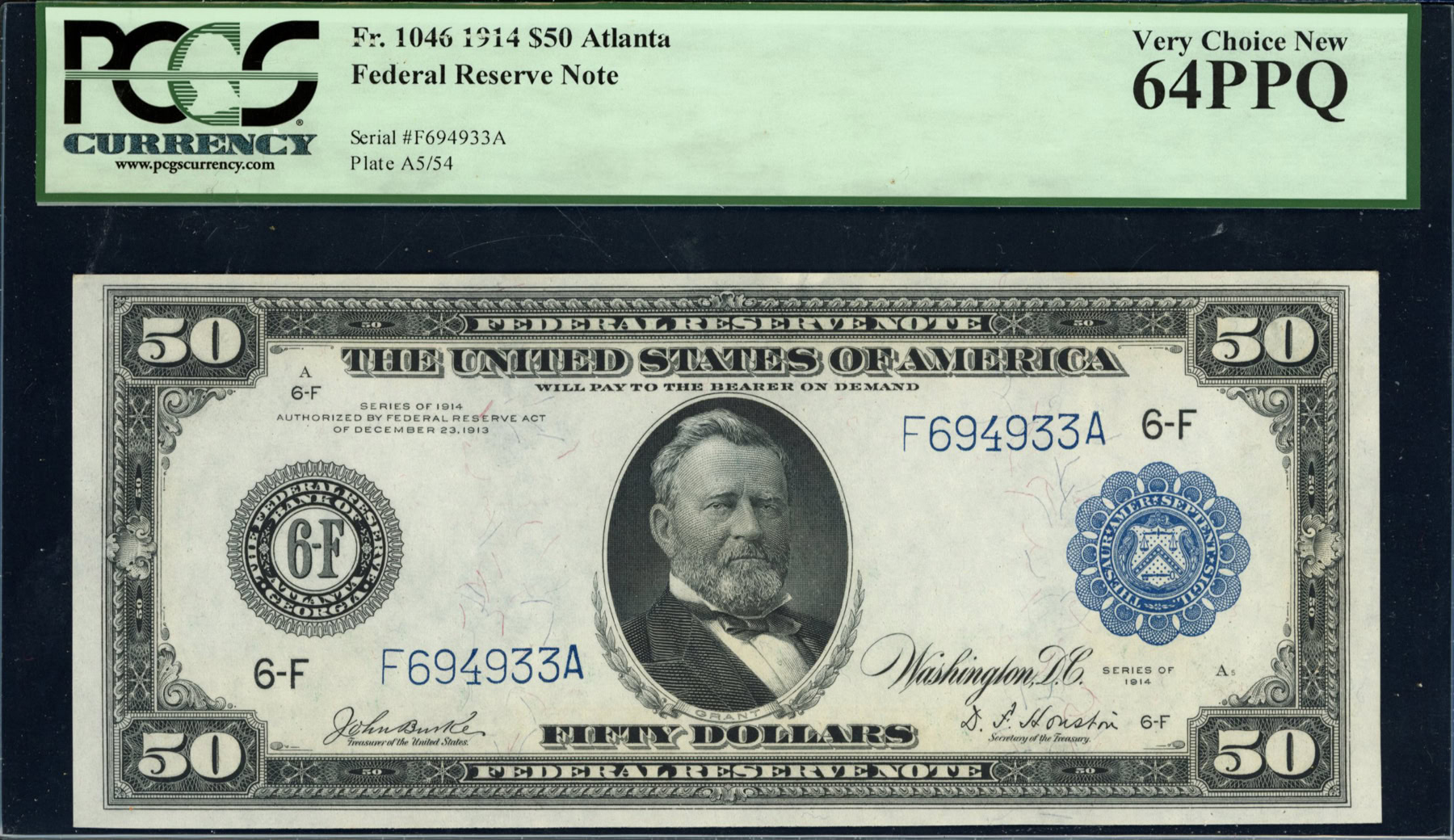 Fr. 1046 1914 $50 Atlanta Federal Reserve Note Burke / Houston PCGS Currency Very Choice New 64 ...