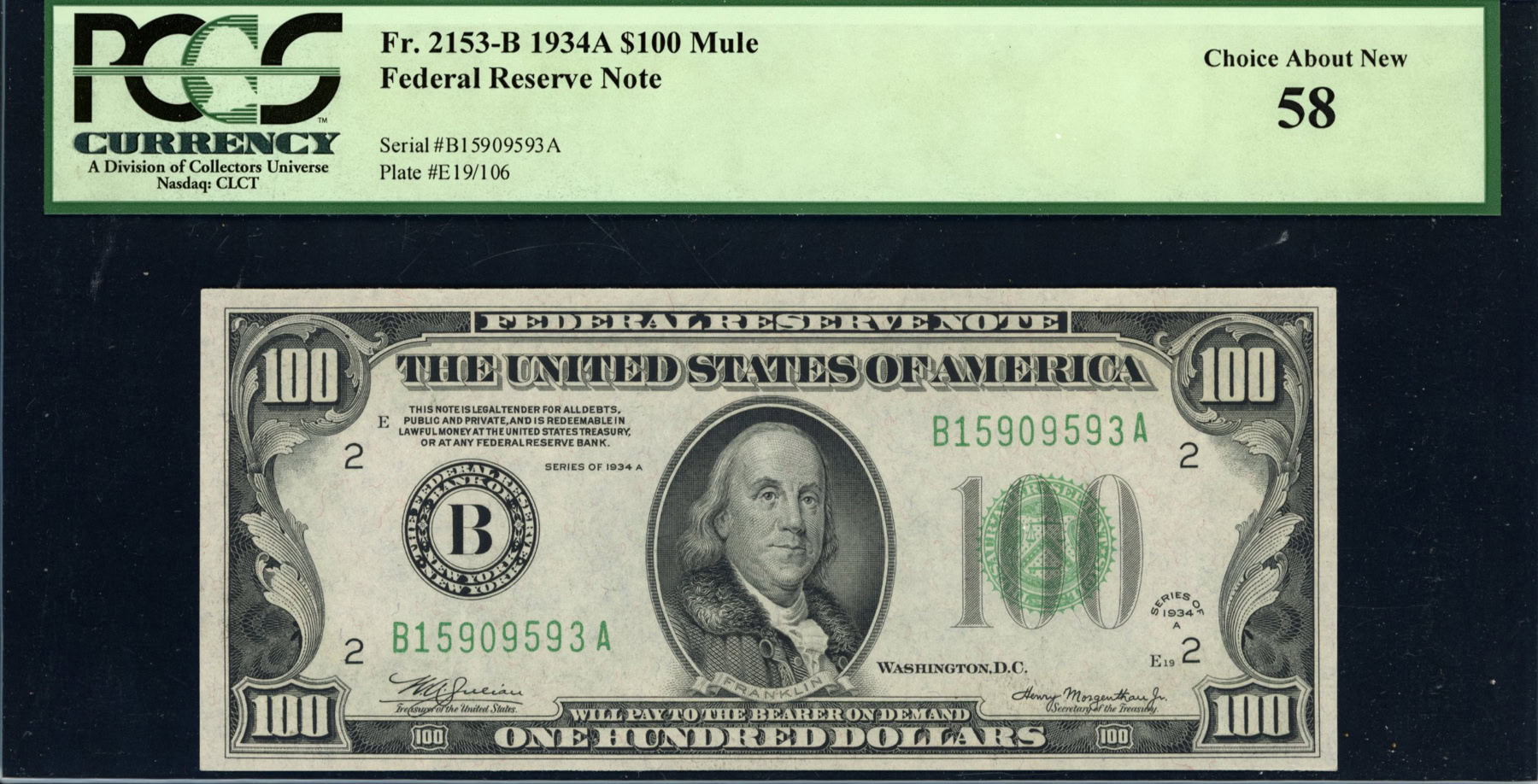 Fr. 2153-Bm (BA Block) 1934A $100 New York Federal Reserve Mule Note ...