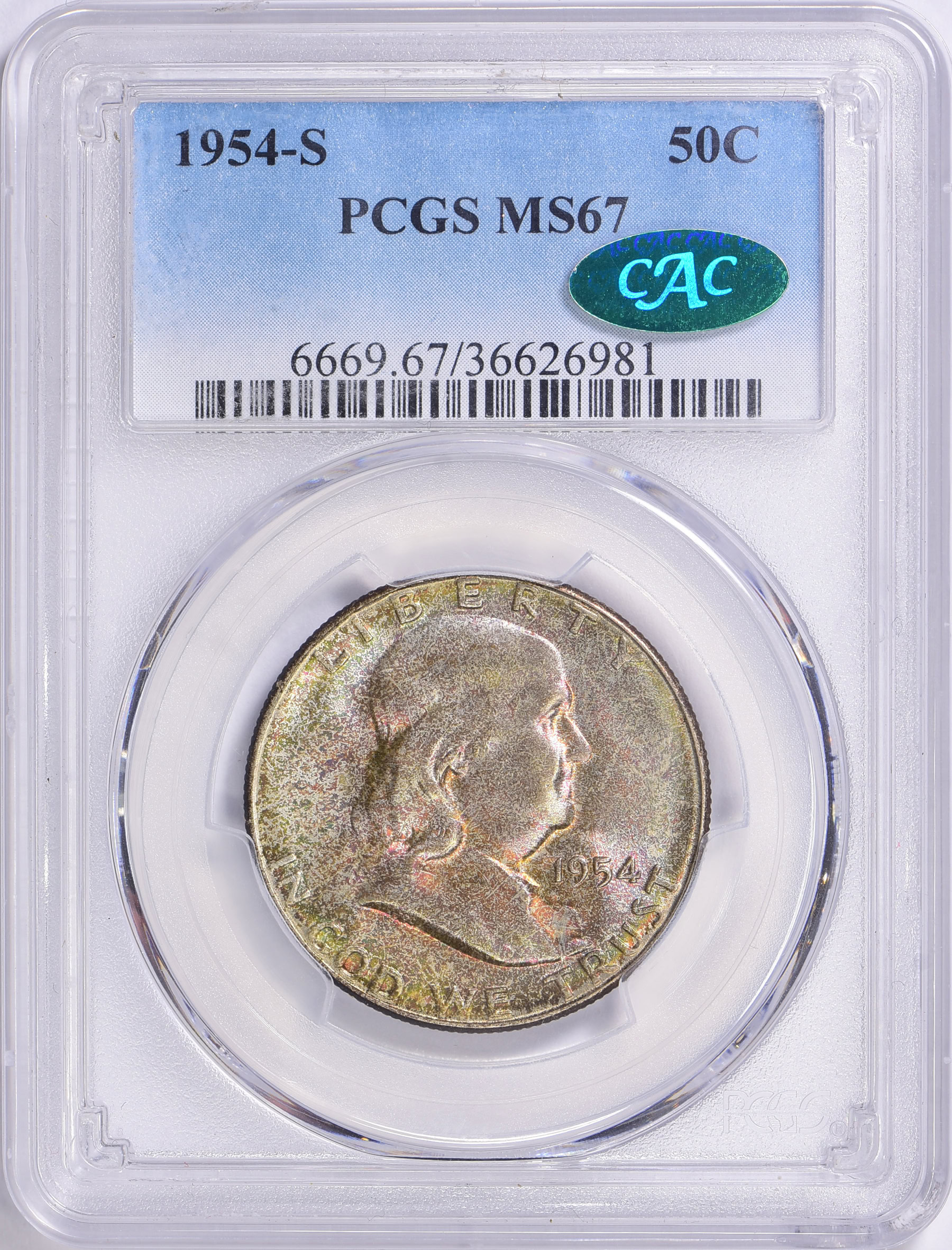1954-S Franklin Half Dollar PCGS MS-67 (CAC Green) (Toned) (Item 1692373) | GreatCollections ...