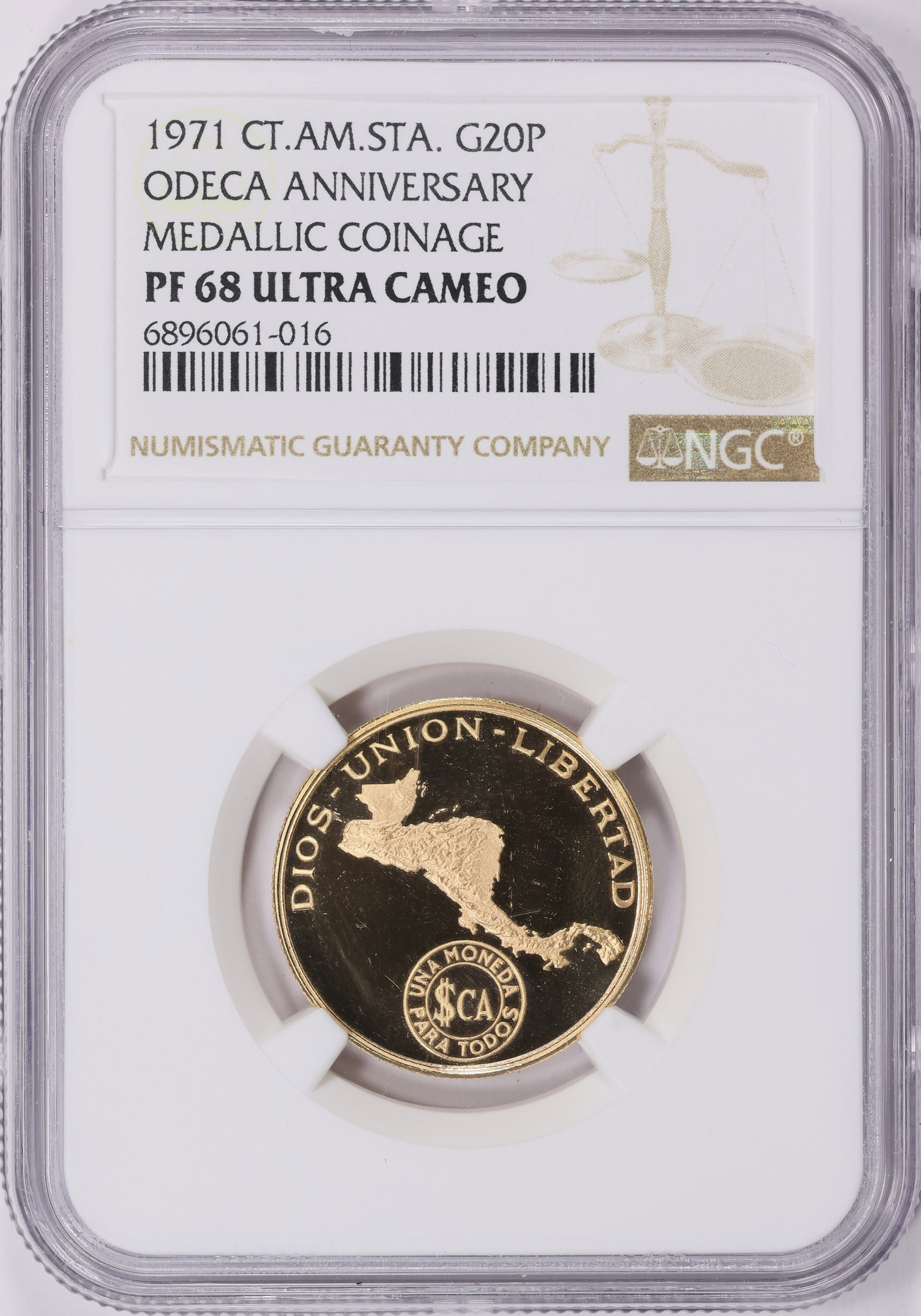 Central American States 1971 Gold Medallic 20 Pesos 20th Anniversary of ...