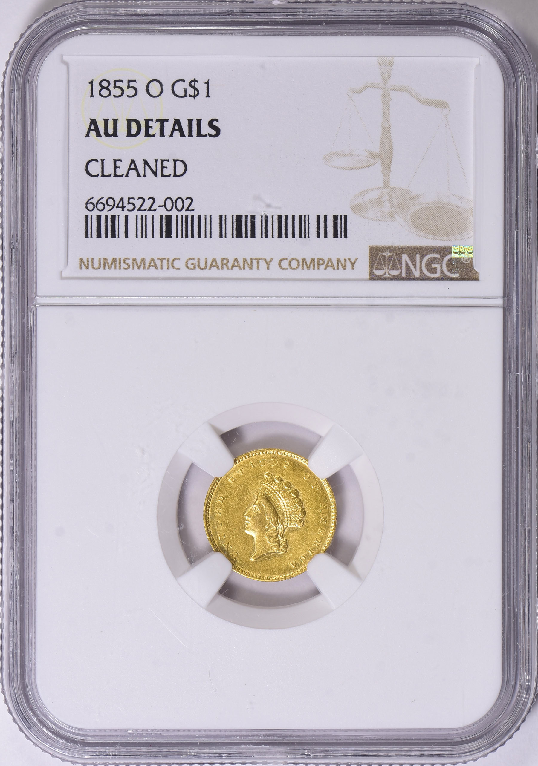 1855-O Indian Princess Gold Dollar NGC AU Details (Item 1692643) | GreatCollections Coin Auctions