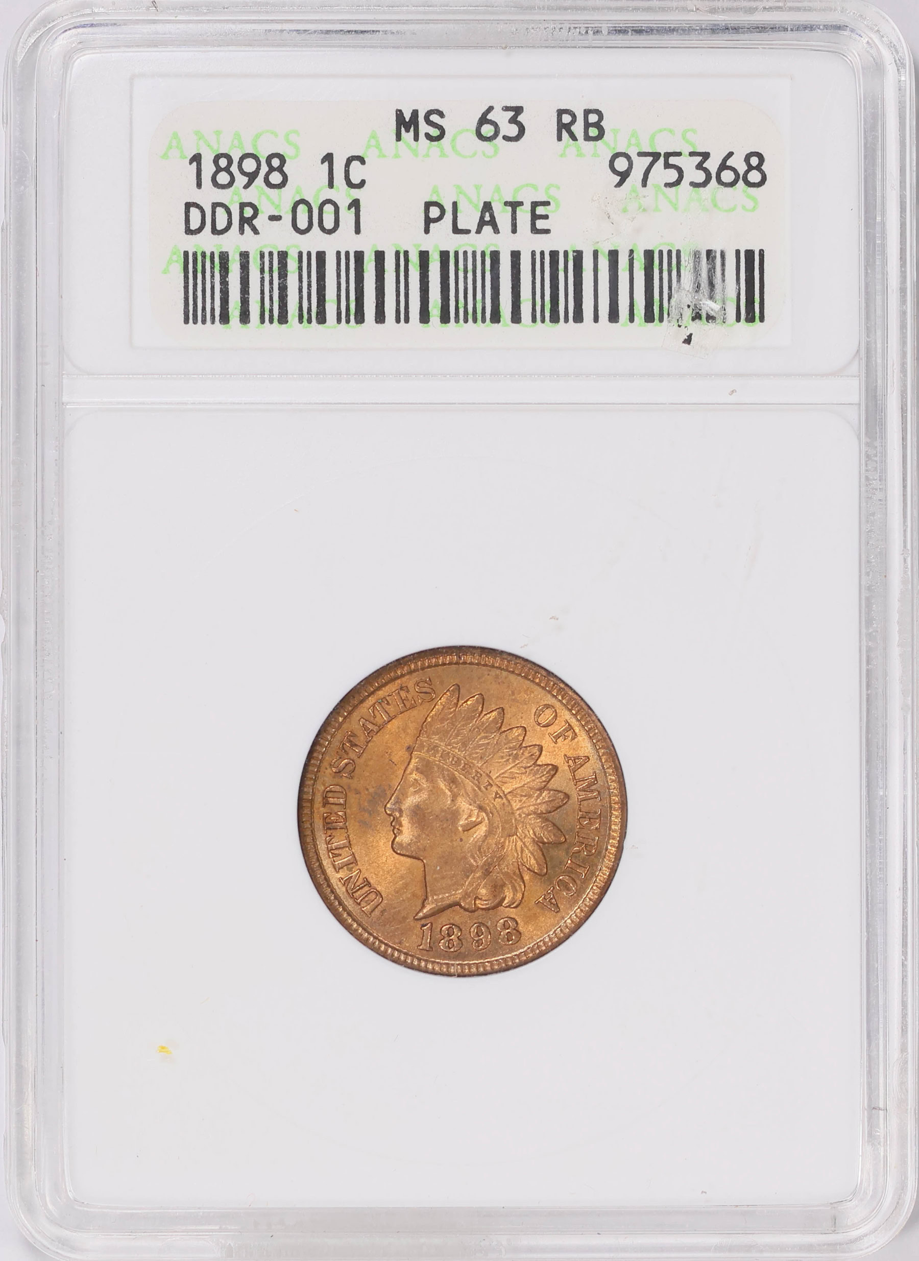 1898 Indian Cent DDR-001 ANACS MS-63 RB OH (Item 1692682 ...