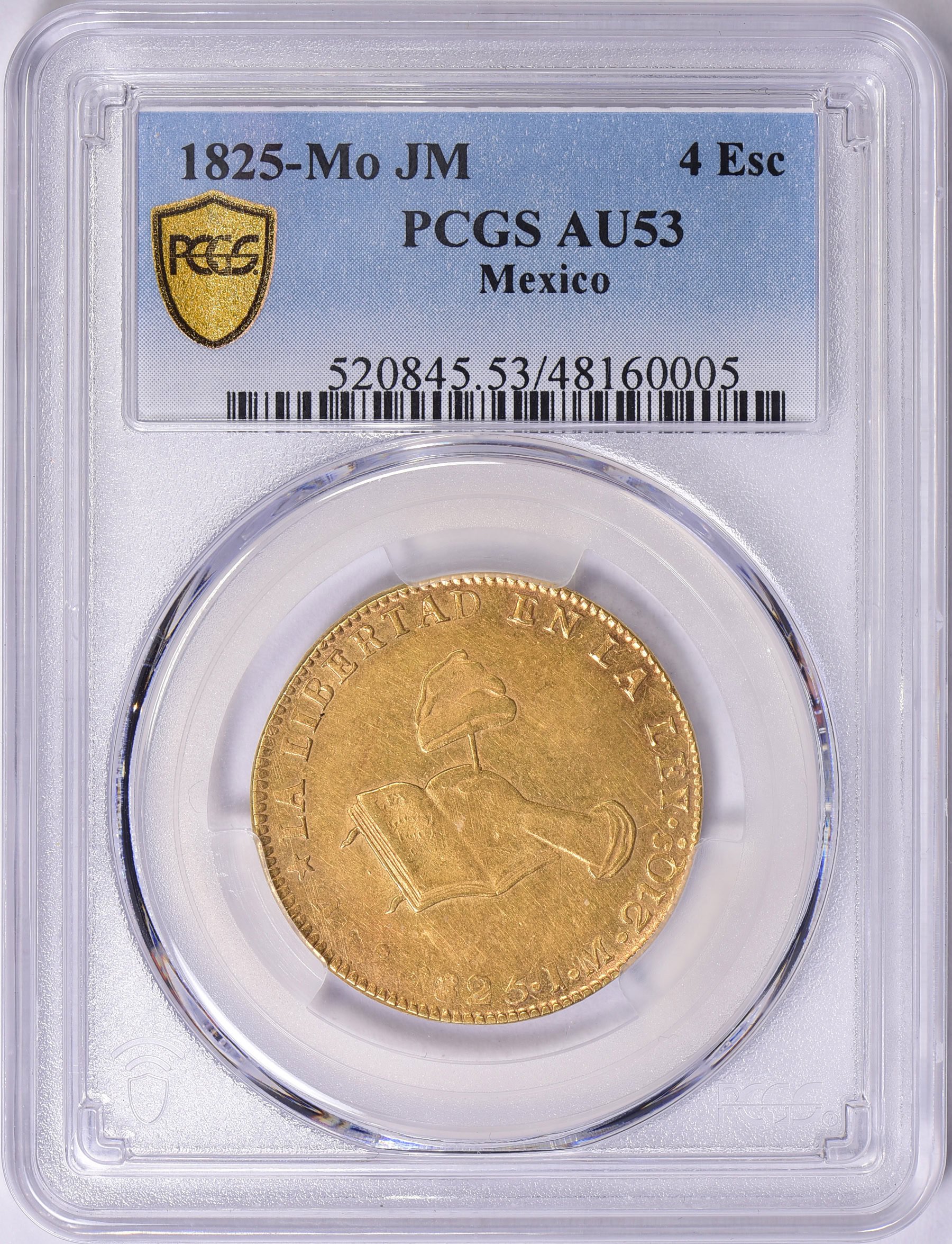 Mexico 1825-Mo JM Gold 4 Escudos KM-381.6 PCGS AU-53 (AGW = 0.3809 oz ...