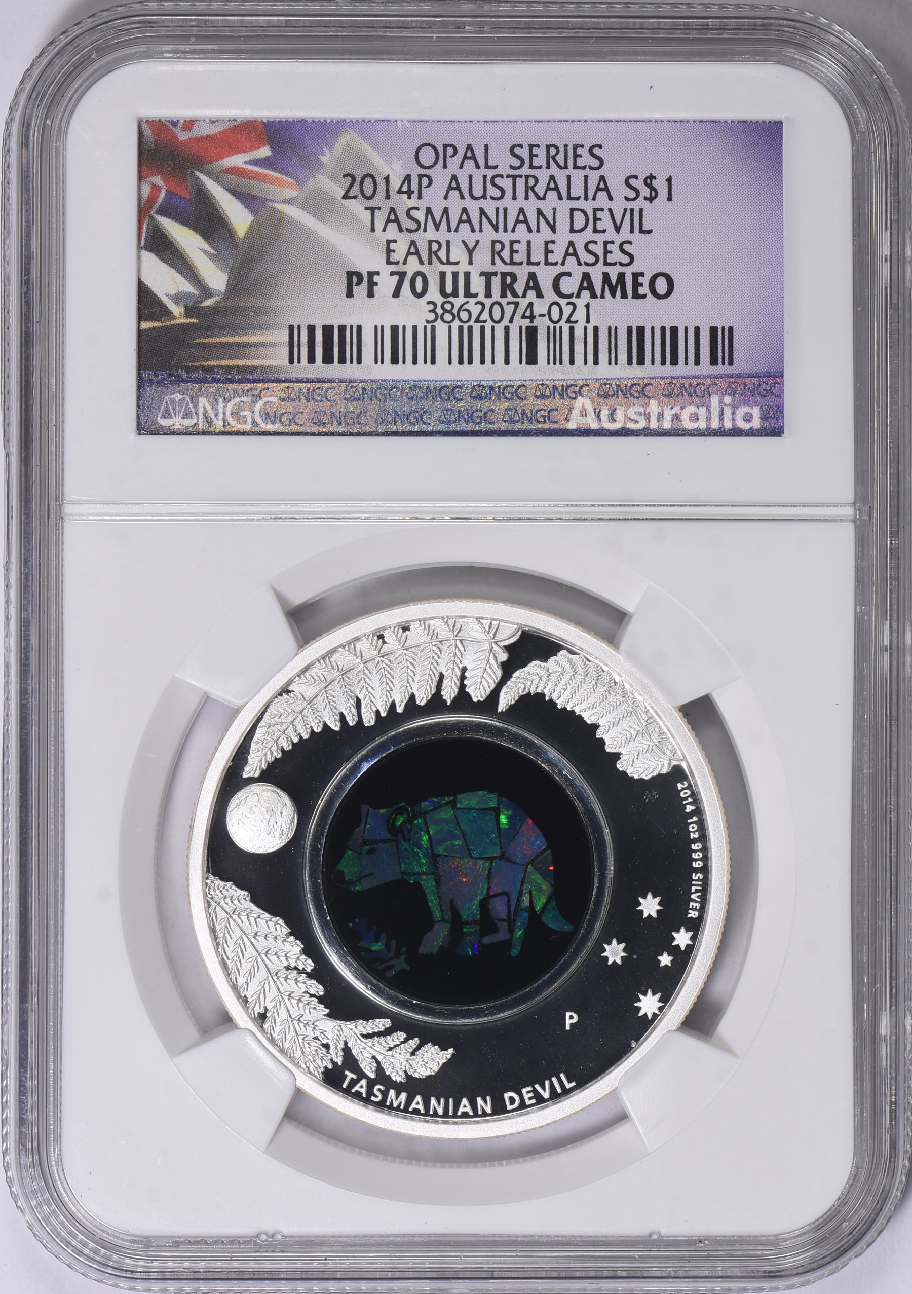 Australia 2014-P Silver Dollar Tasmanian Devil Opal KM-2916 Early Releases NGC Proof-70 UC (Item ...
