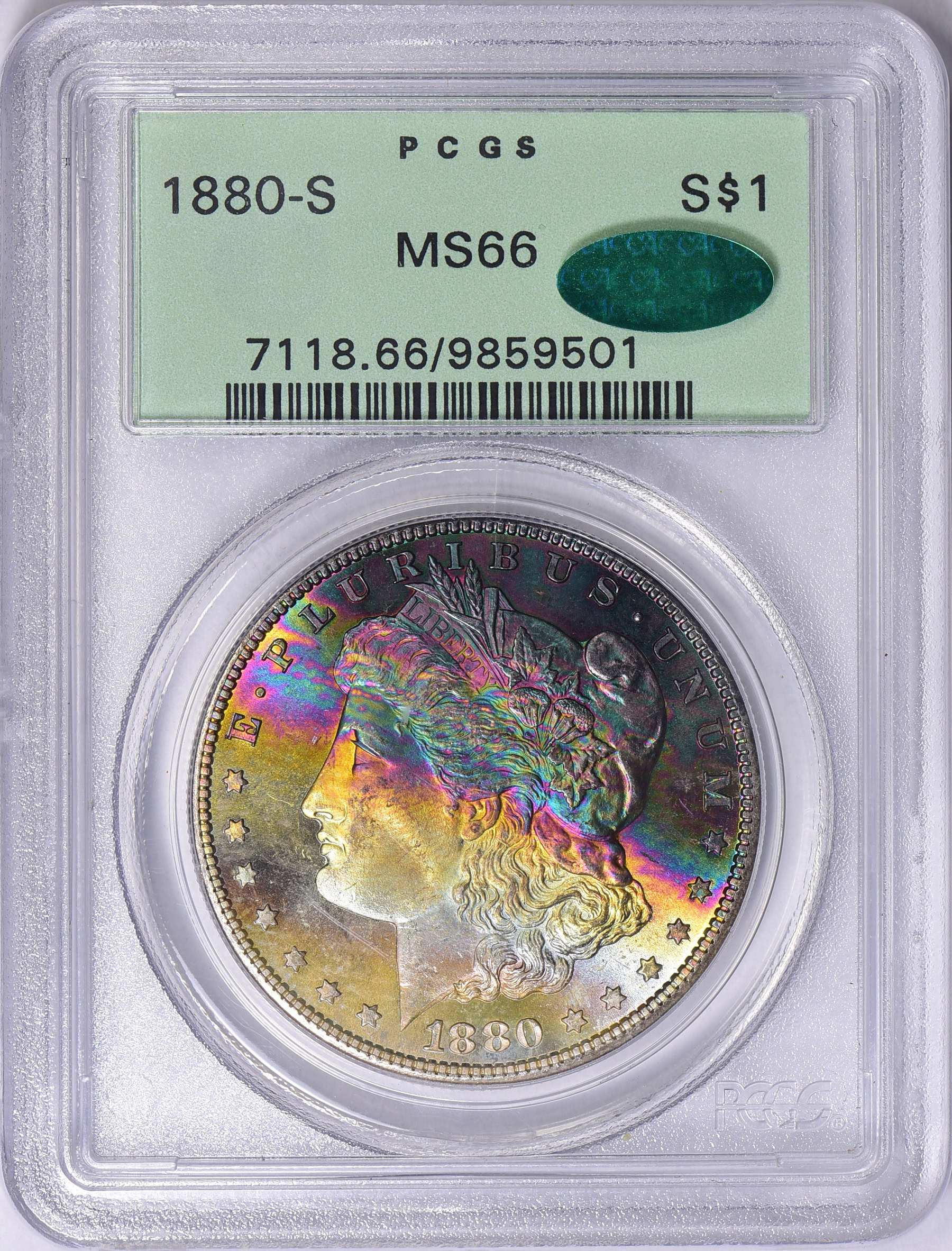 1880-S Morgan Silver Dollar PCGS MS-66 (CAC Green) OGH (Toned) (Item 1693132) | GreatCollections ...