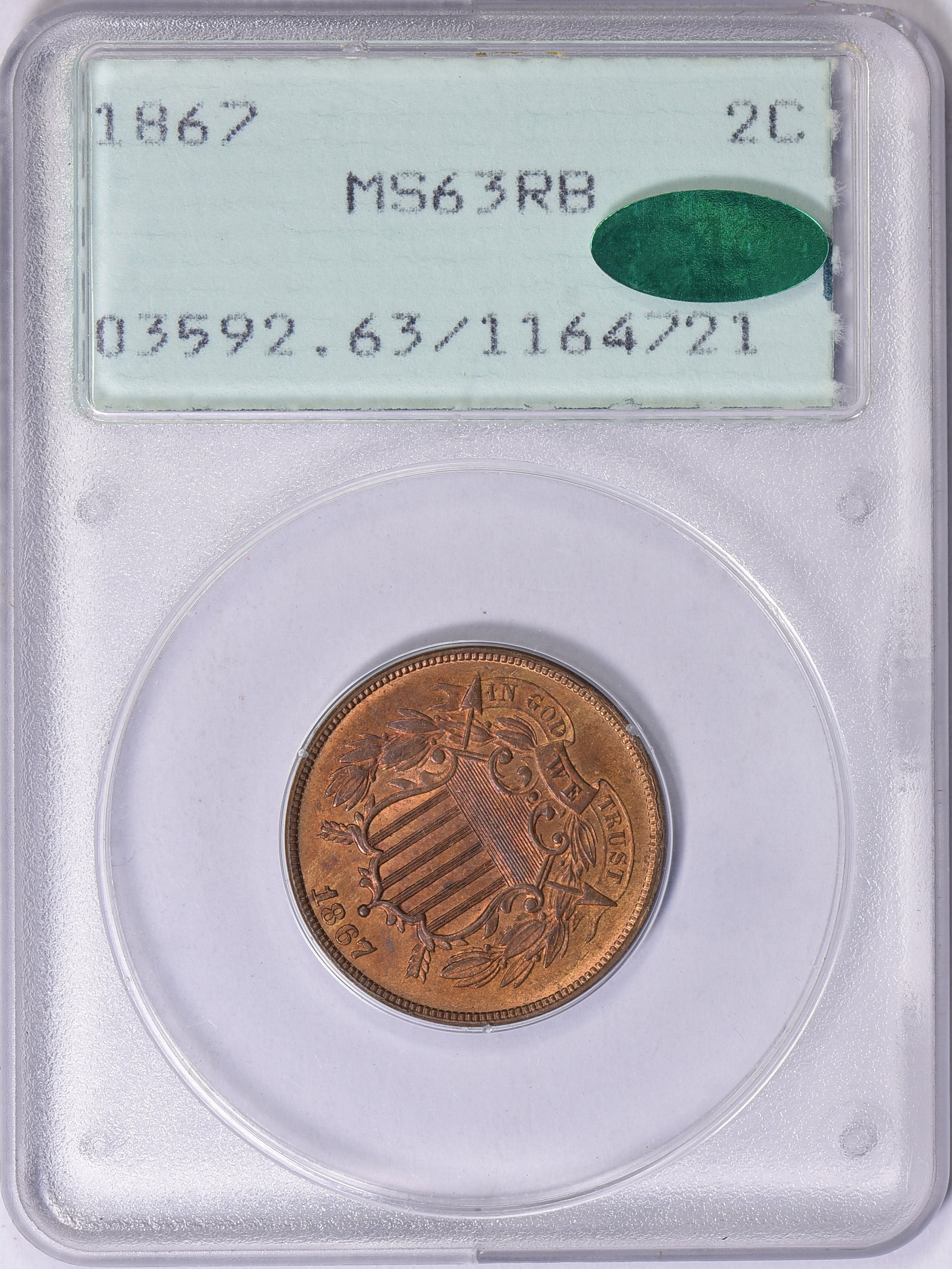 1867 Two-Cent Piece PCGS MS-63 RB (CAC Green) OGH (1st Gen) (Item 1693182) | GreatCollections ...