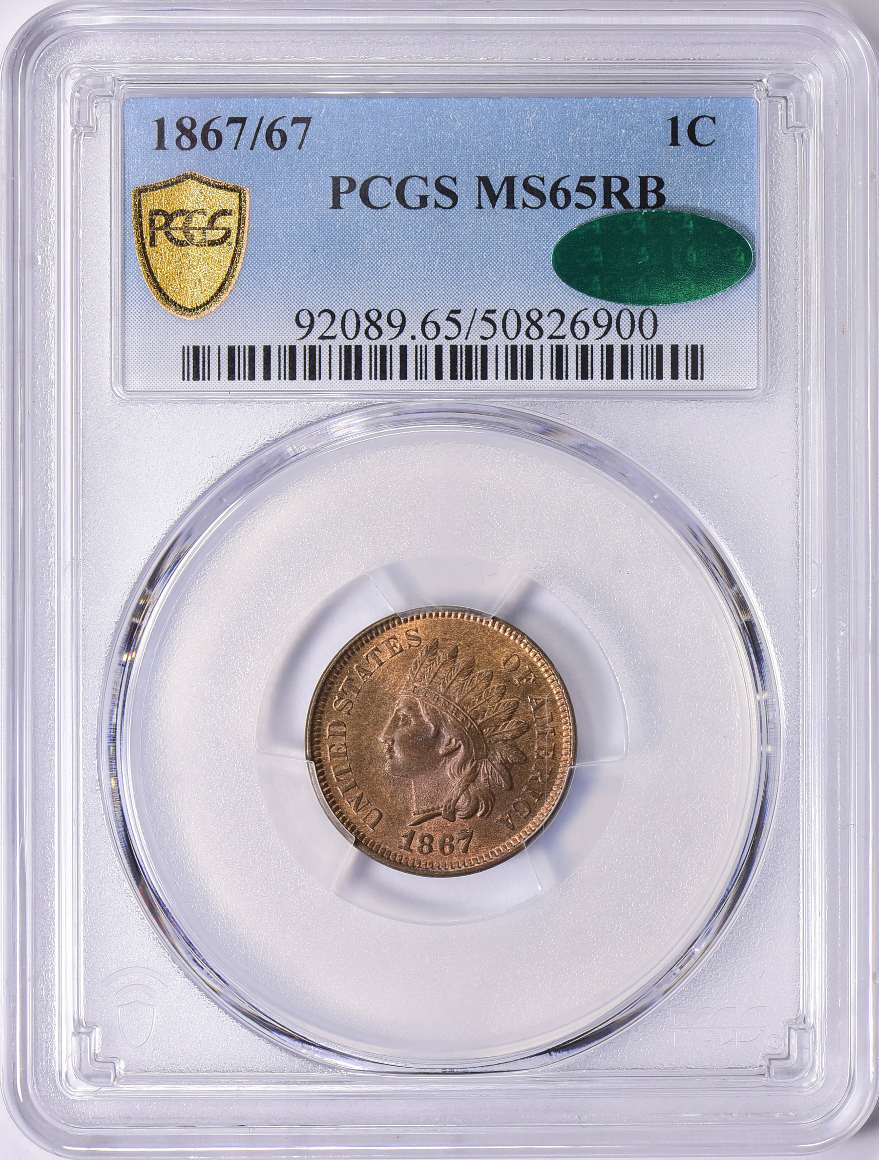1867/67 Indian Cent PCGS MS-65 RB (CAC Green) (Item 1693189) | GreatCollections Coin Auctions