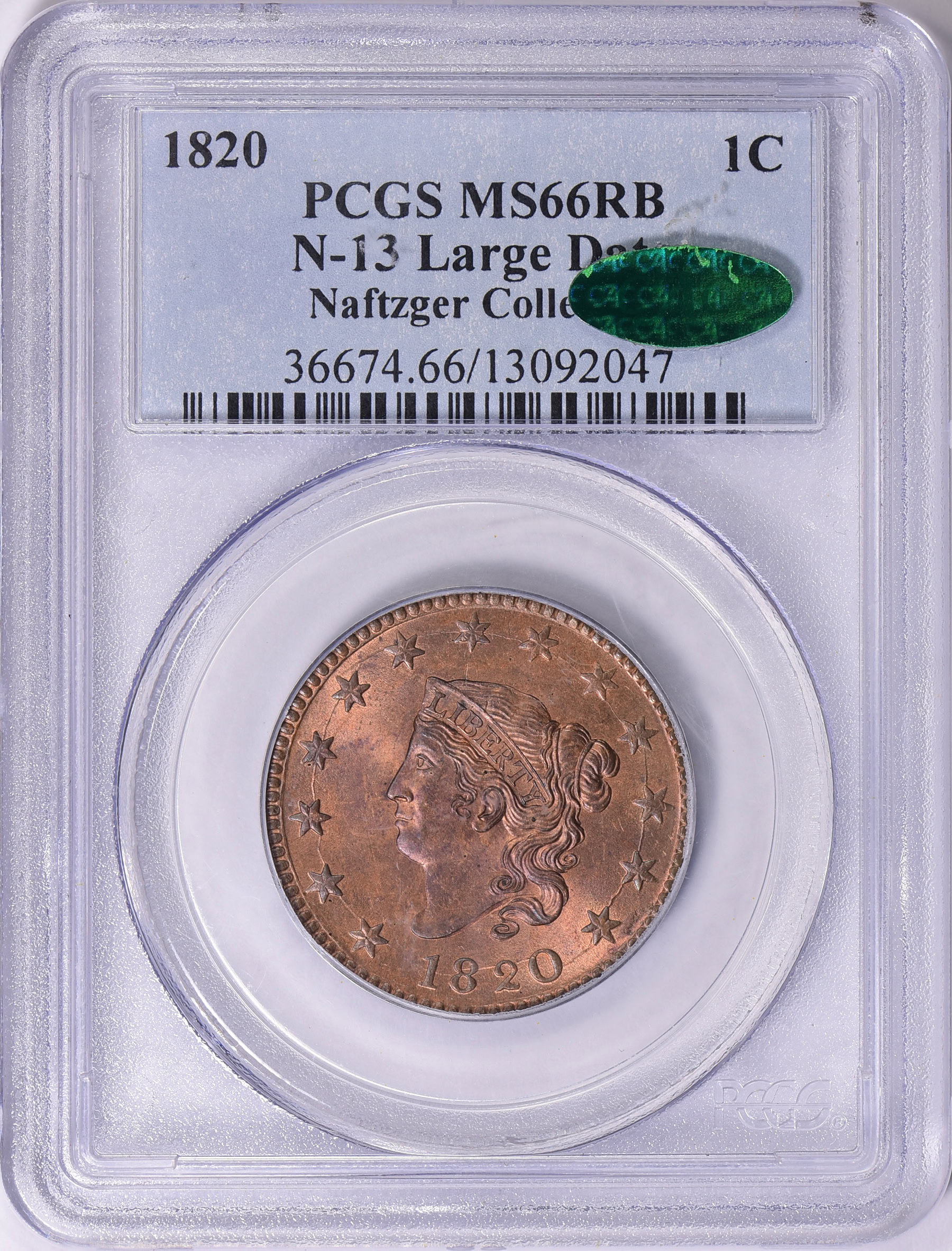 1820 Matron Cent N-13 Large Date PCGS MS-66 RB (CAC Green) (Naftzger Collection) (Item 1693220 ...