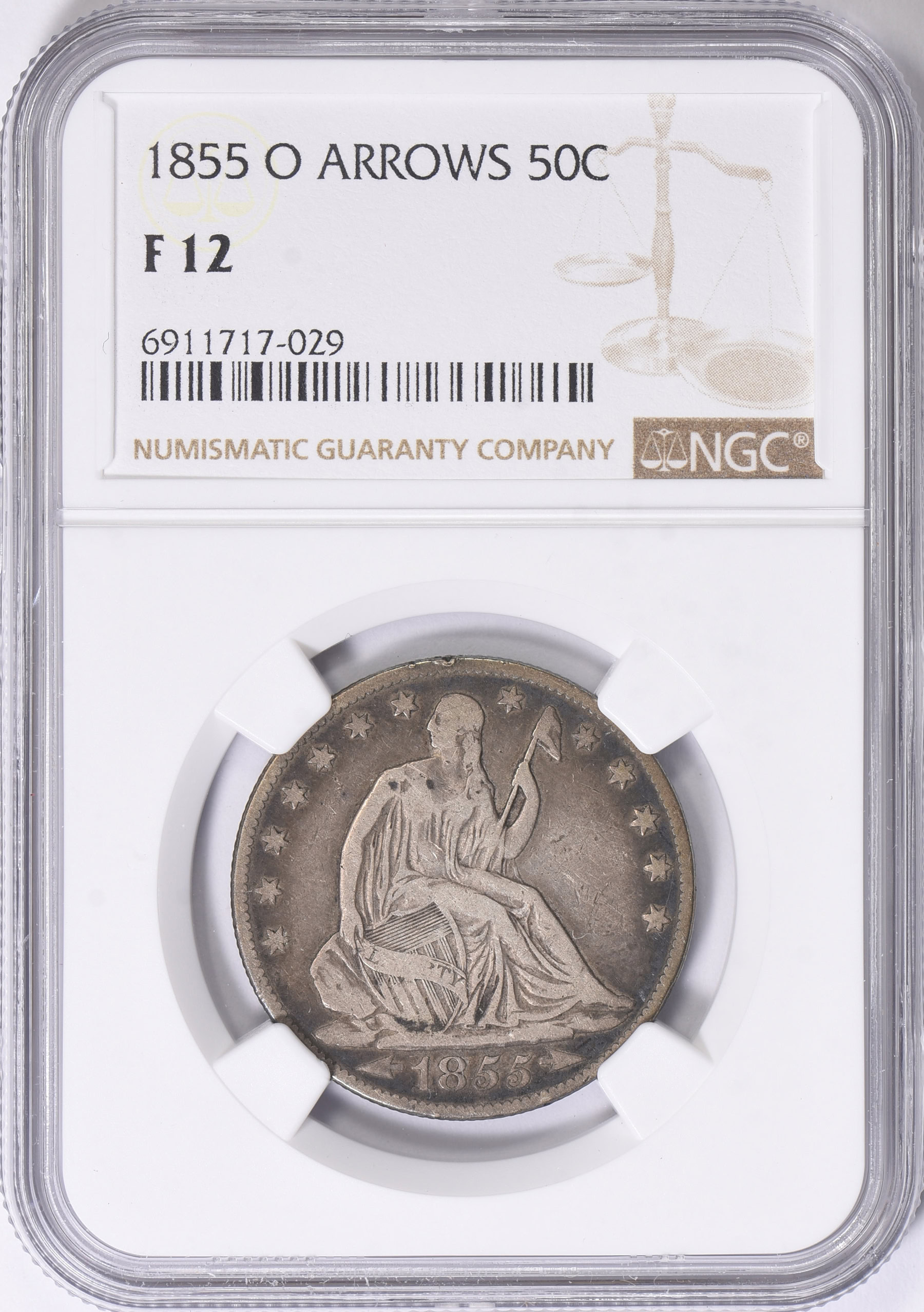 1855-O Seated Liberty Half Dollar Arrows NGC F-12 (Item 1693270) | GreatCollections Coin Auctions