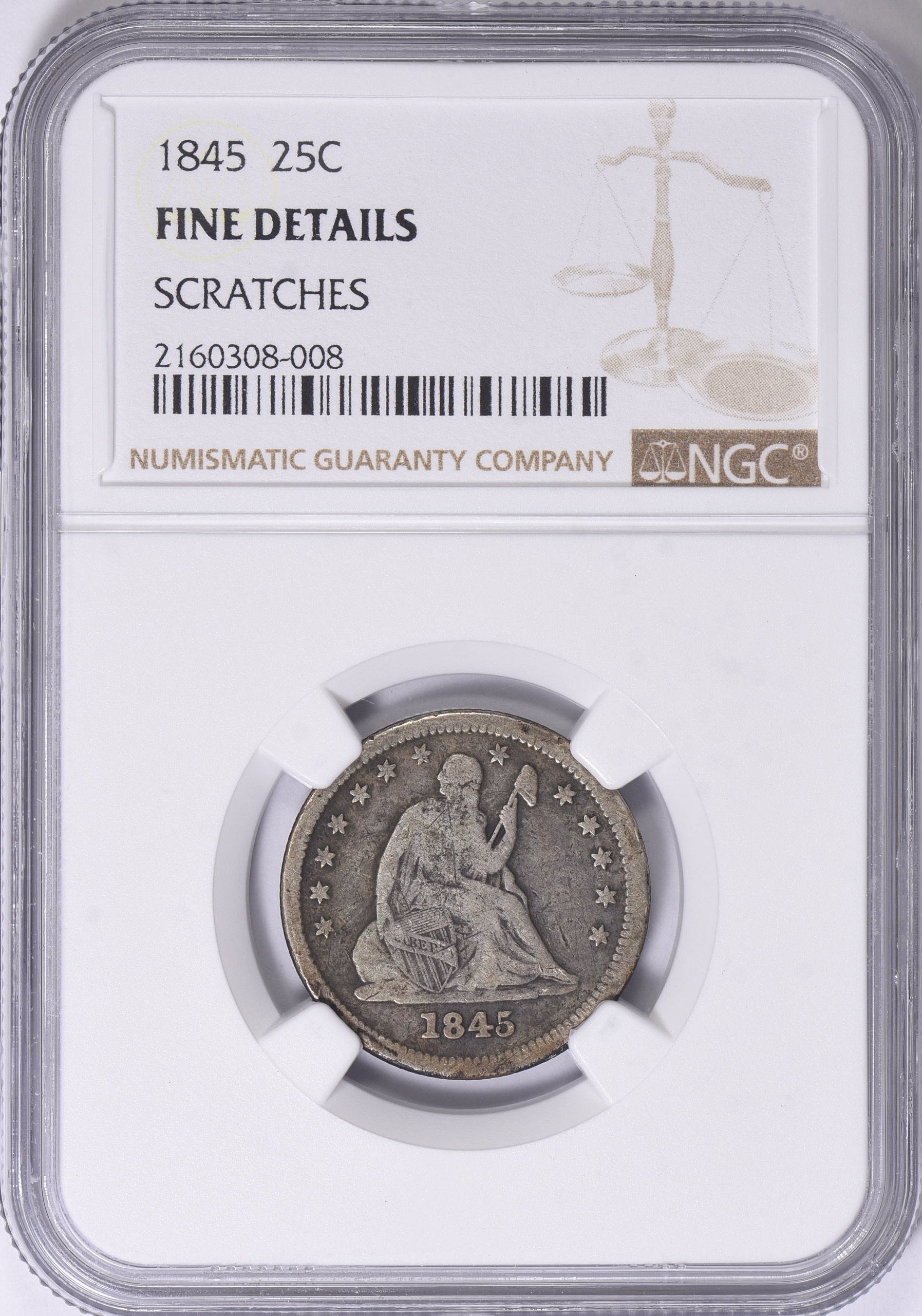 1845 Seated Liberty Quarter NGC Fine Details (Item 1693345) | GreatCollections Coin Auctions