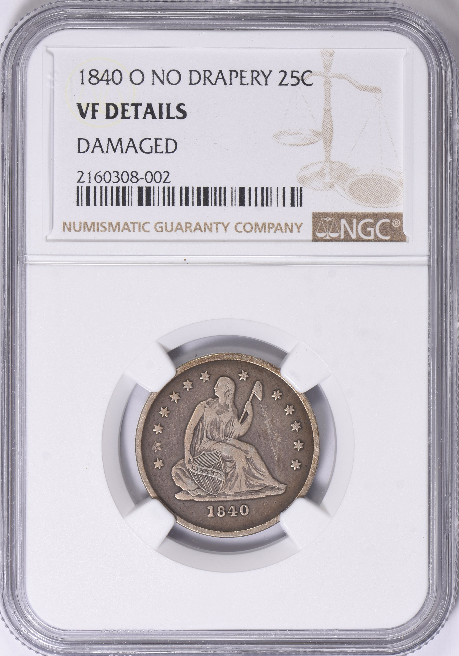 1840-O Seated Liberty Quarter No Drapery NGC VF Details (Item 1693348) | GreatCollections Coin ...