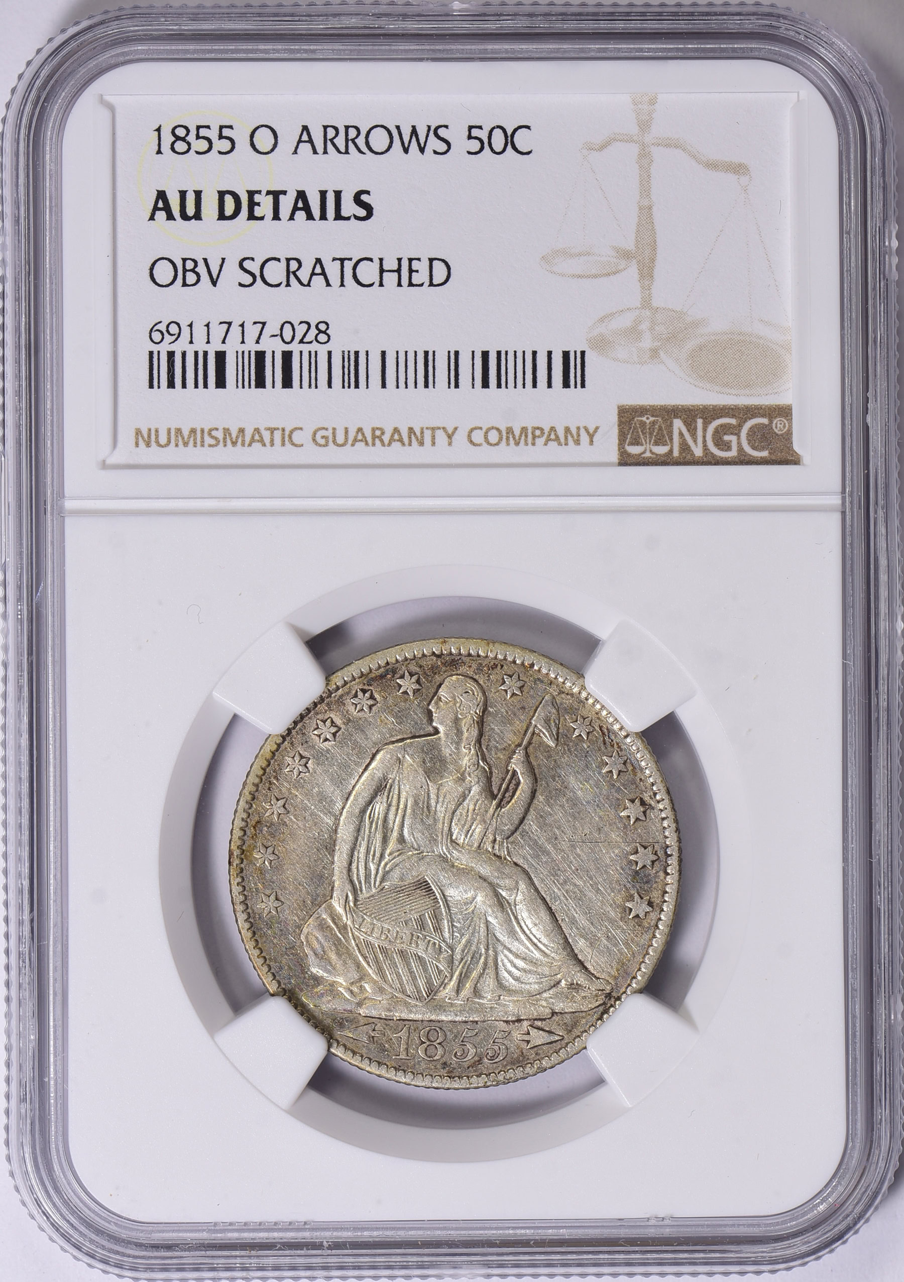 1855-O Seated Liberty Half Dollar Arrows NGC AU Details (Item 1693357) | GreatCollections Coin ...