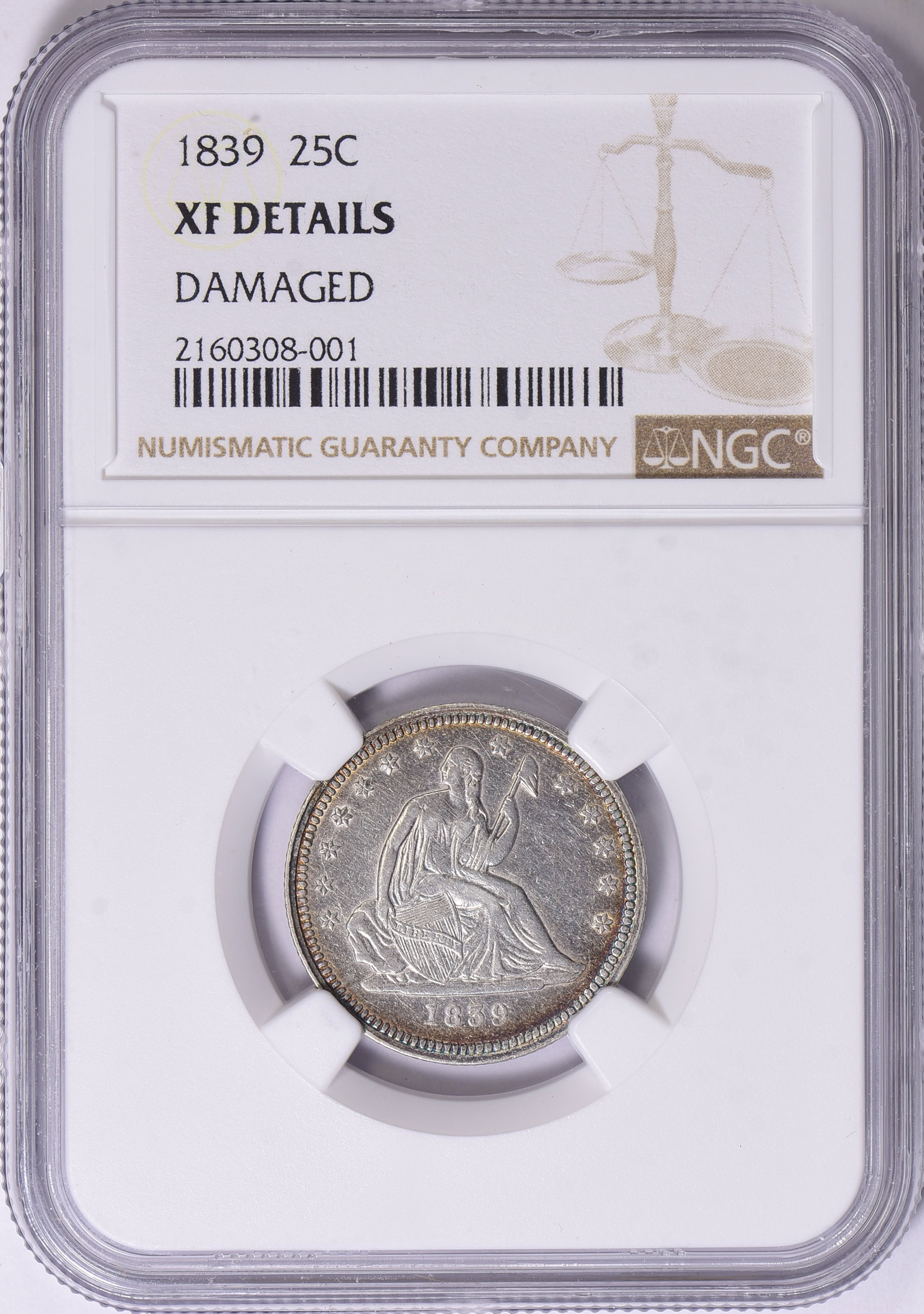 1839 Seated Liberty Quarter No Drapery NGC XF Details (Item 1693414) | GreatCollections Coin ...