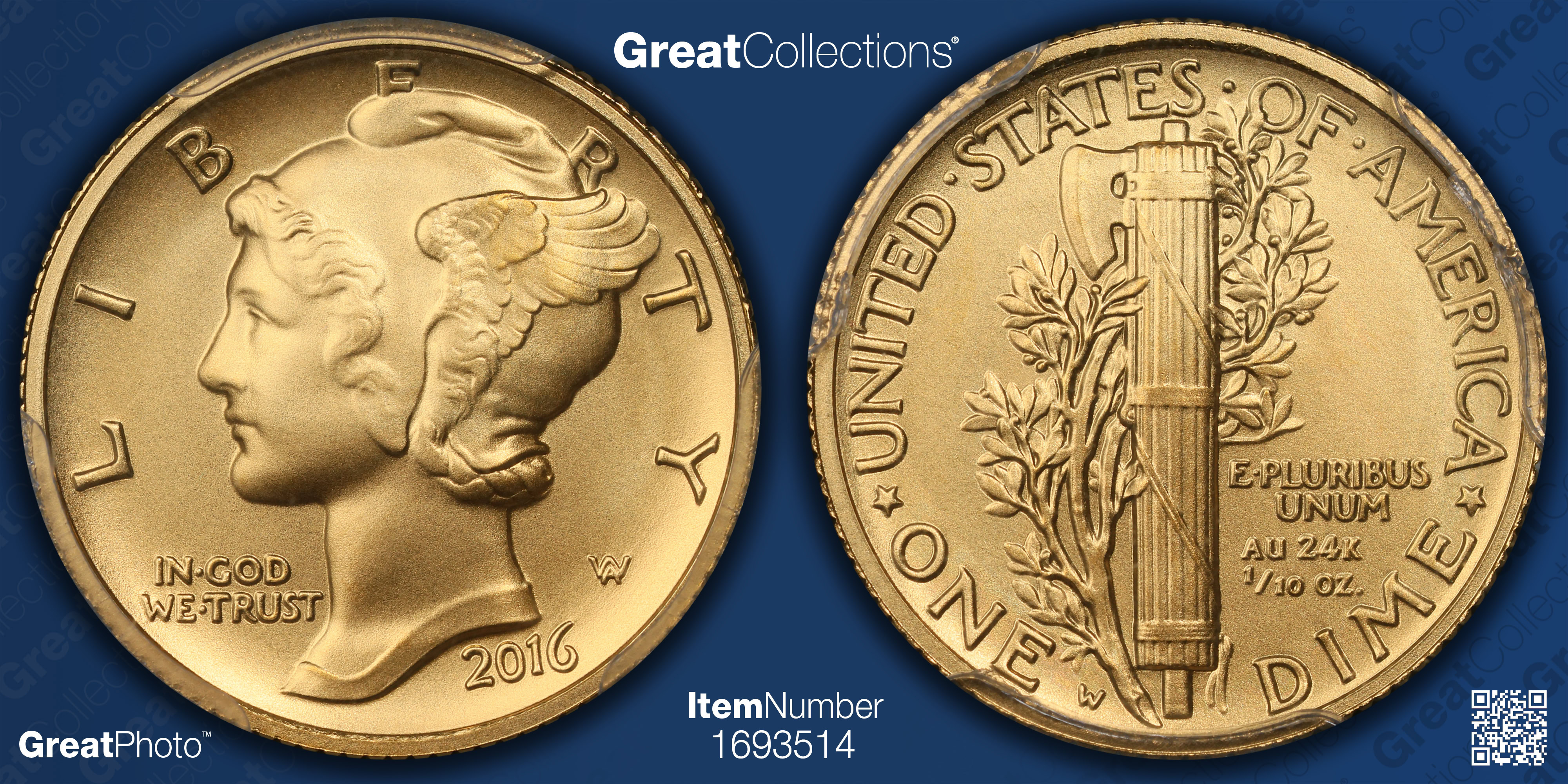 2016-W Gold Mercury Dime 100th Anniversary. First Strike PCGS SP-70 ...