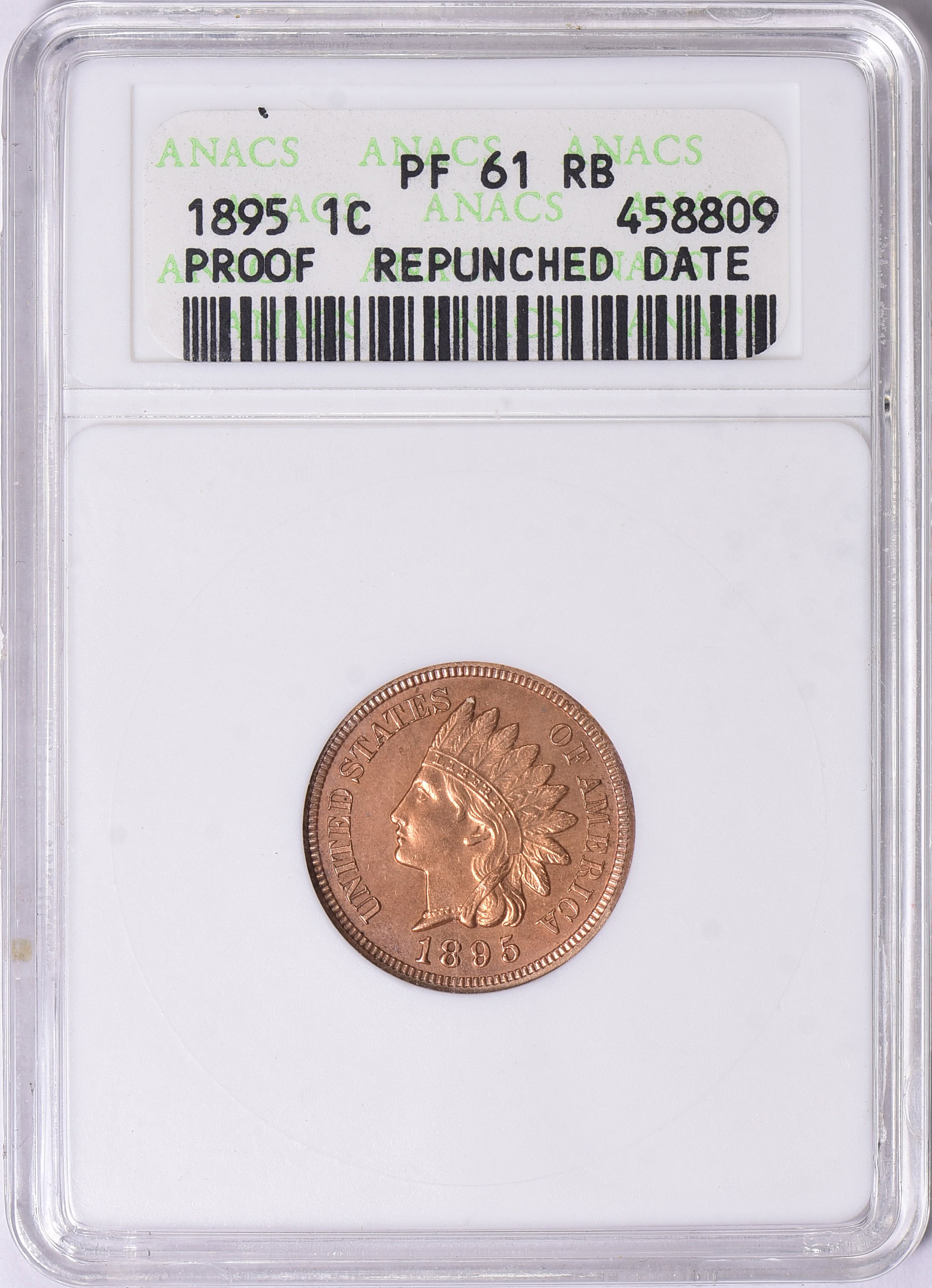 1895 Indian Cent Repunched Date ANACS Proof-61 RB OH (Item 1693619) | GreatCollections Coin Auctions