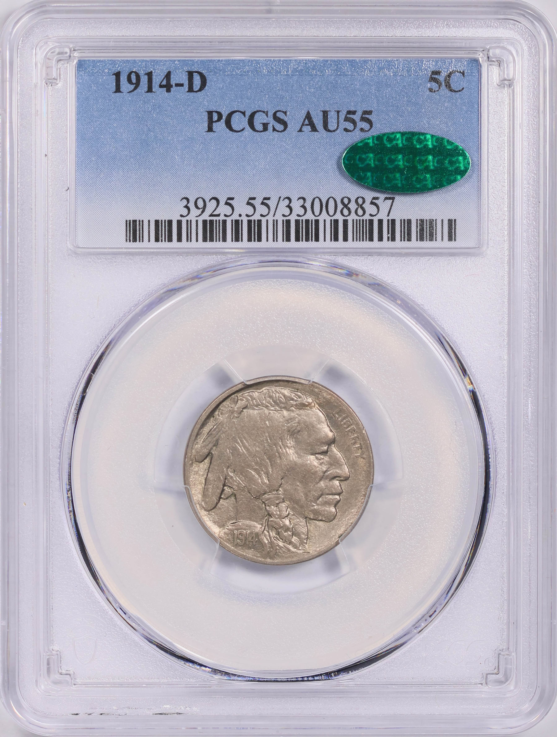 1914-D Buffalo Nickel PCGS AU-55 (CAC Green) (Item 1693949) | GreatCollections Coin Auctions
