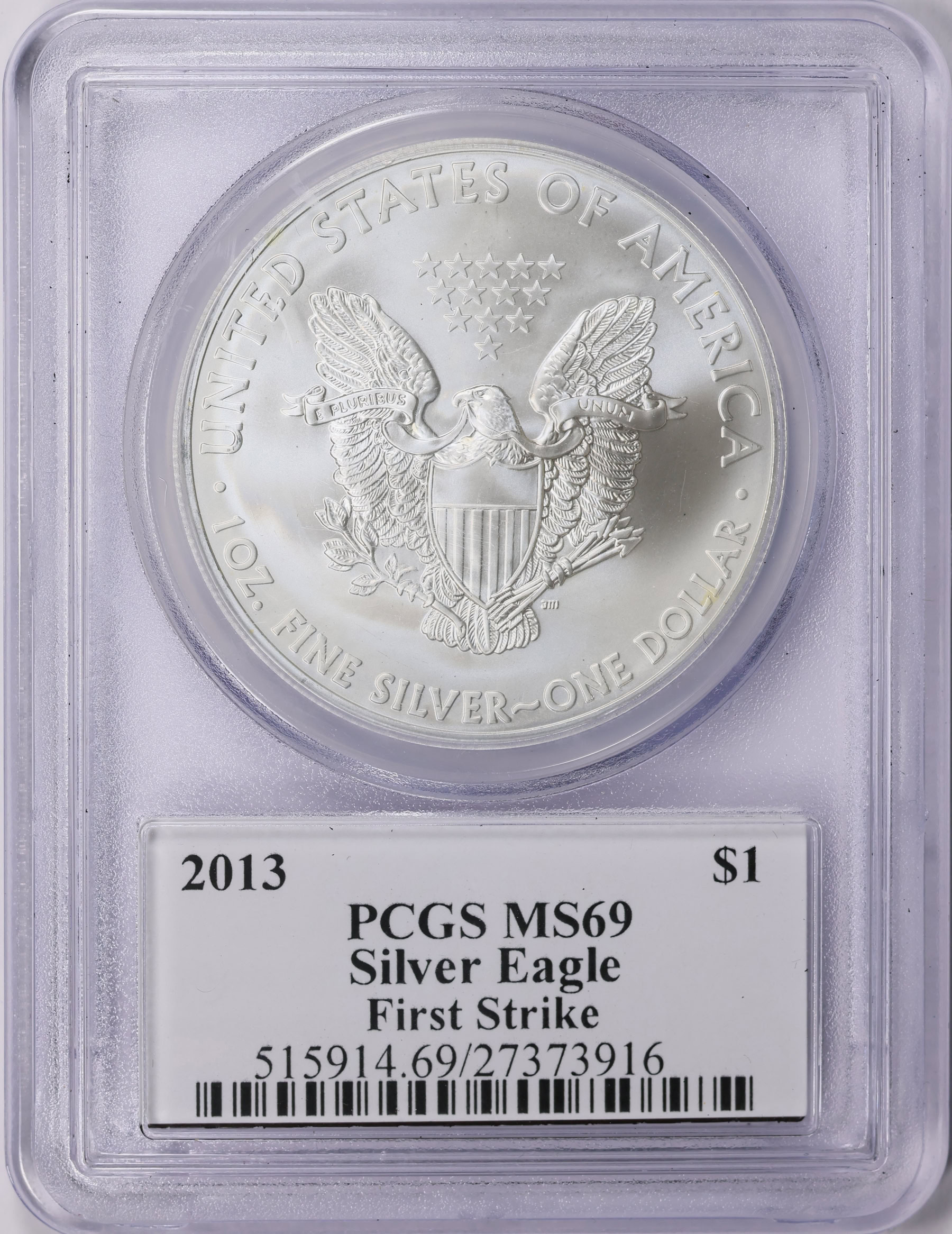 2013 $1 Silver Eagle First Strike PCGS MS-69 (Mercanti Signed Flag Label) (Item 1694105 ...