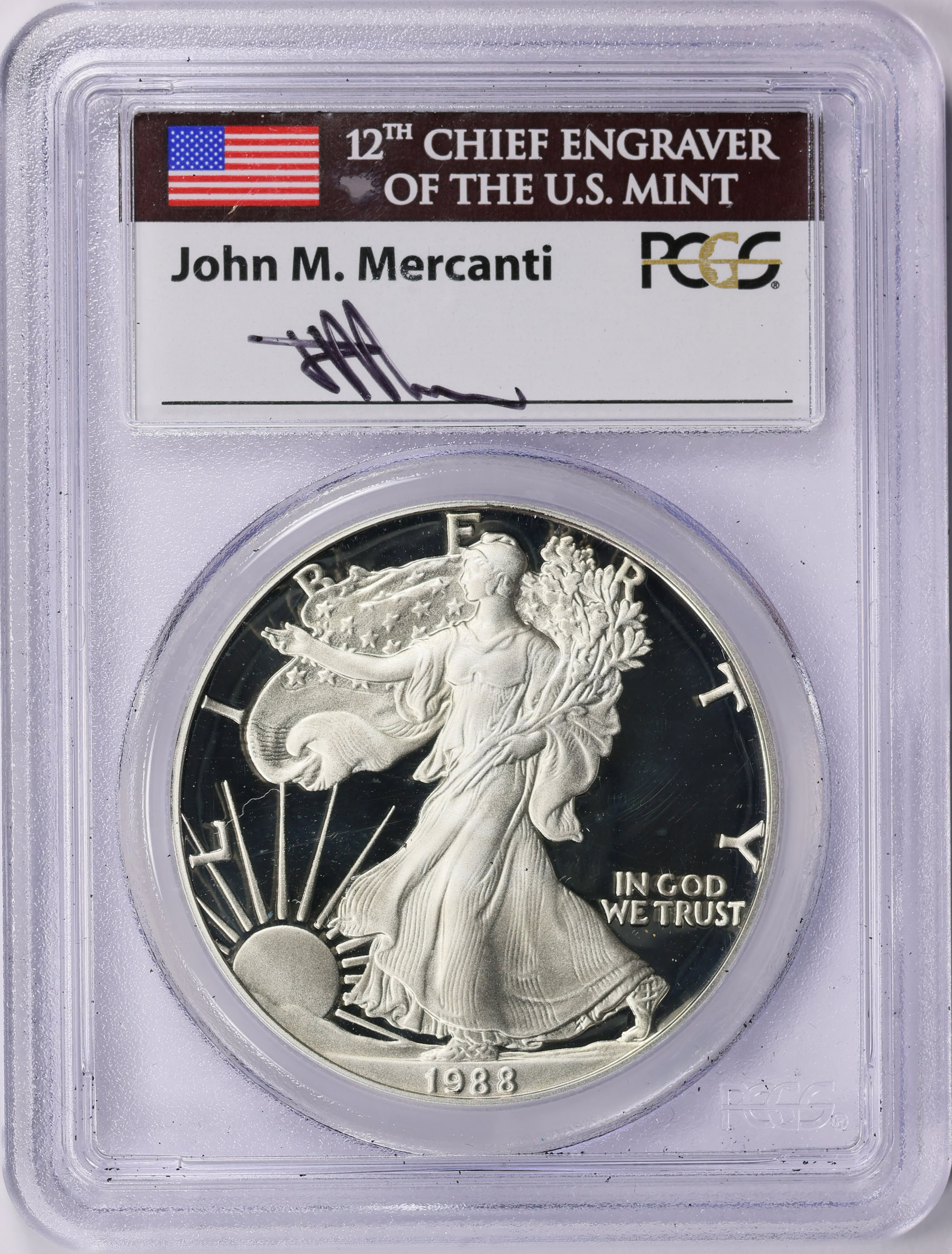 1988-S $1 Silver Eagle PCGS Proof-70 DCAM (Mercanti Signed Flag Label ...