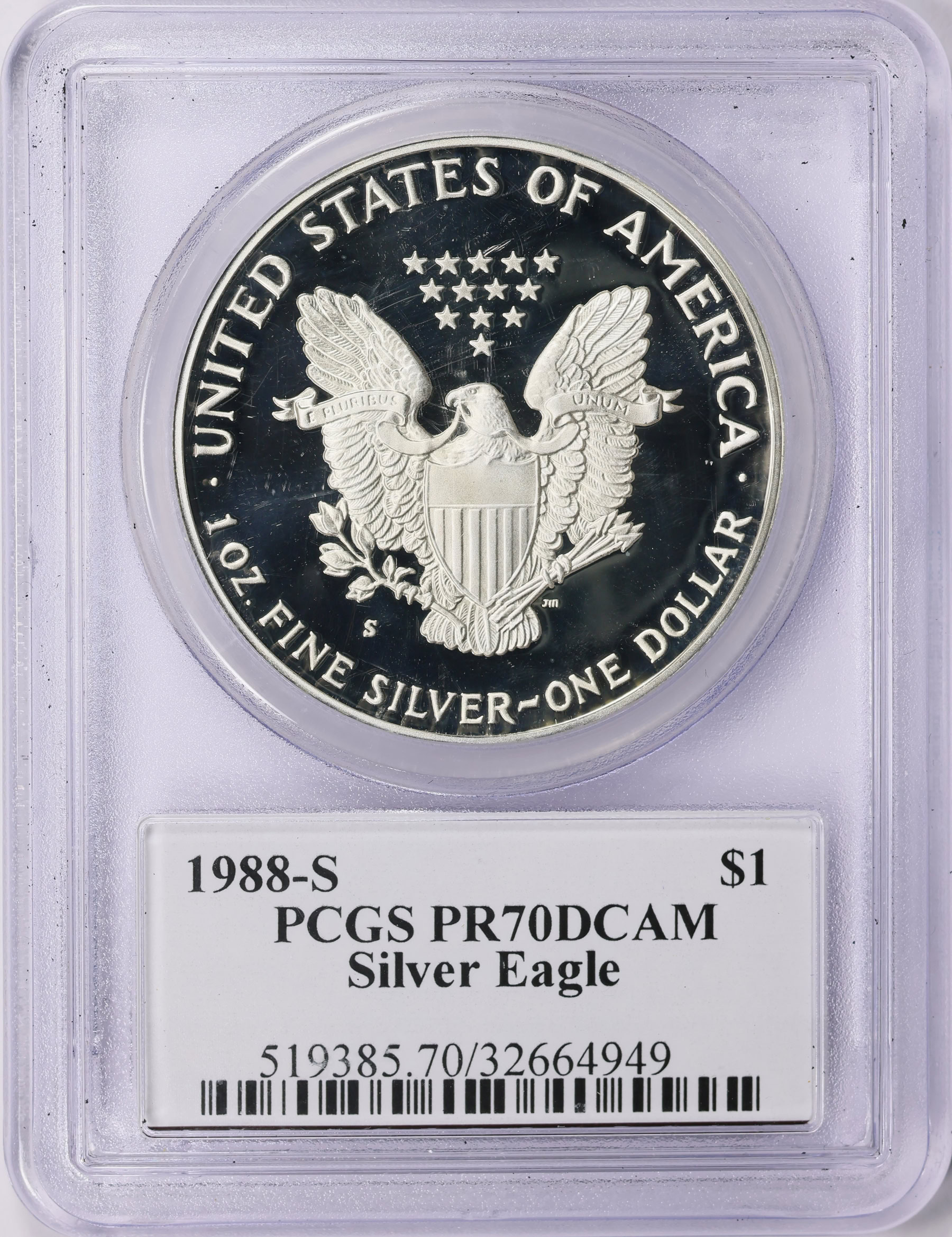 1988-S $1 Silver Eagle PCGS Proof-70 DCAM (Mercanti Signed Flag Label ...