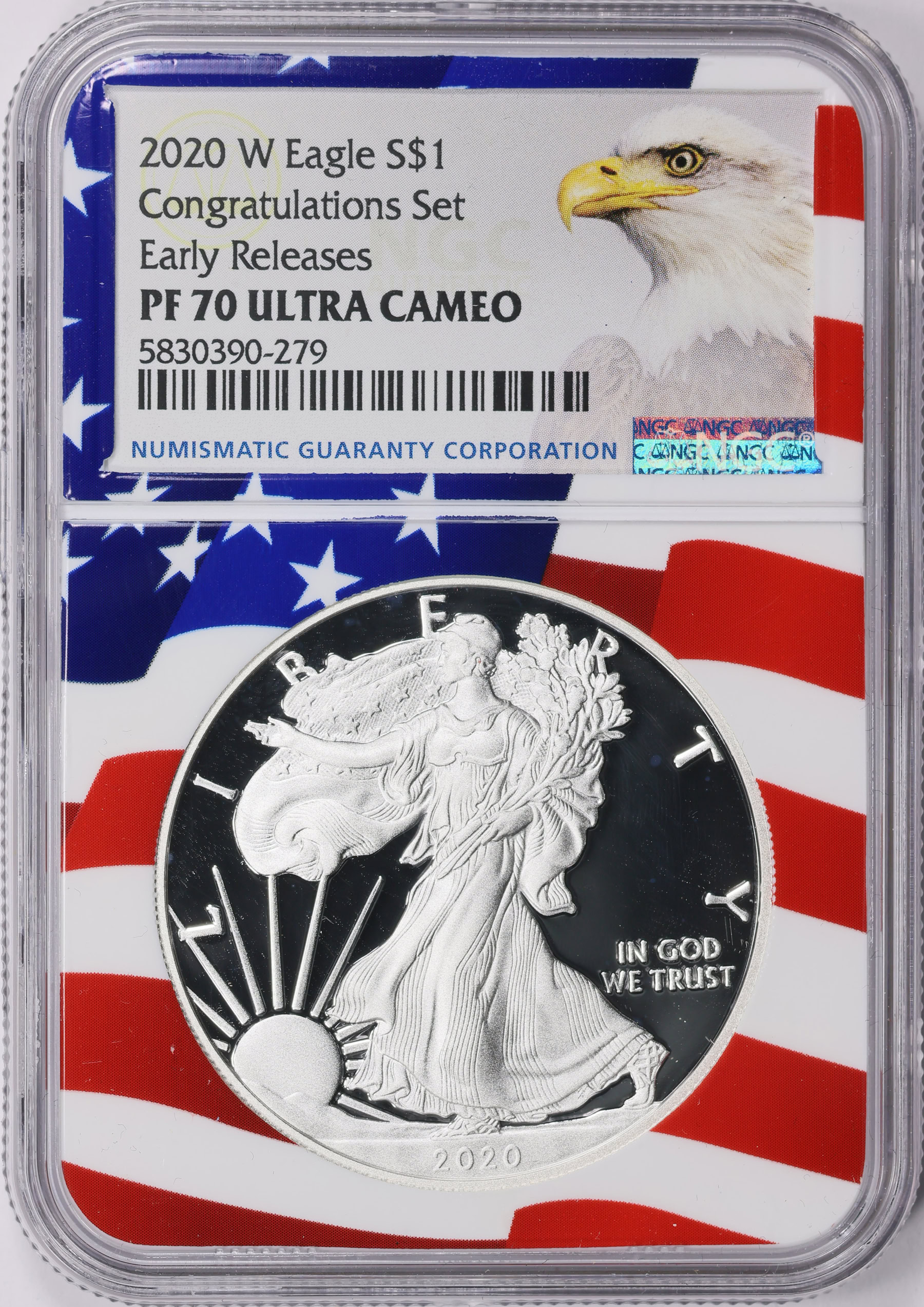 2020-W $1 Silver Eagle Early Releases From Congratulations Set NGC Proof-70 UC (US Flag Frame ...