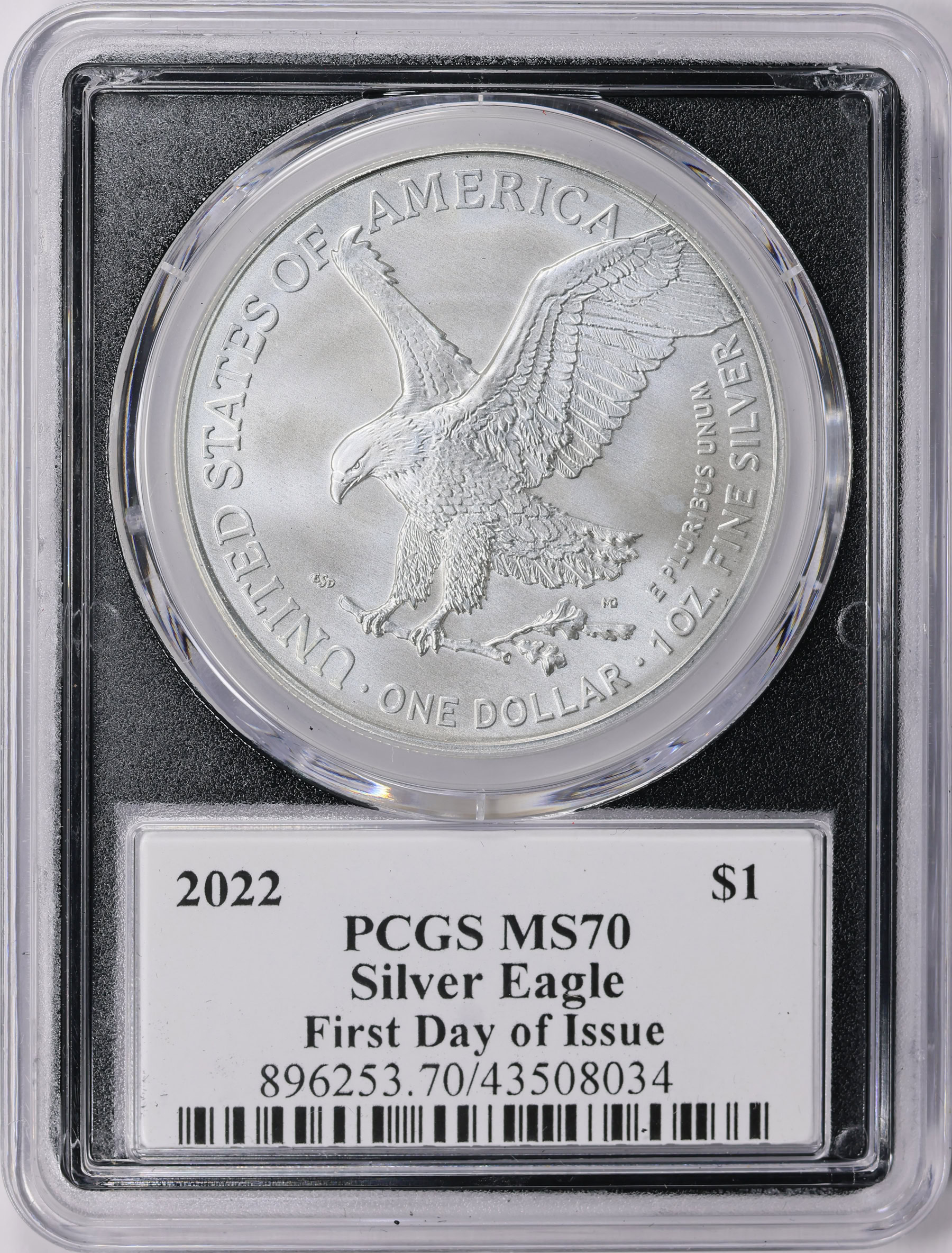 2022 $1 Silver Eagle First Day of Issue PCGS MS-70 (Emily S. Damstra Signed Label) (Black Frame ...