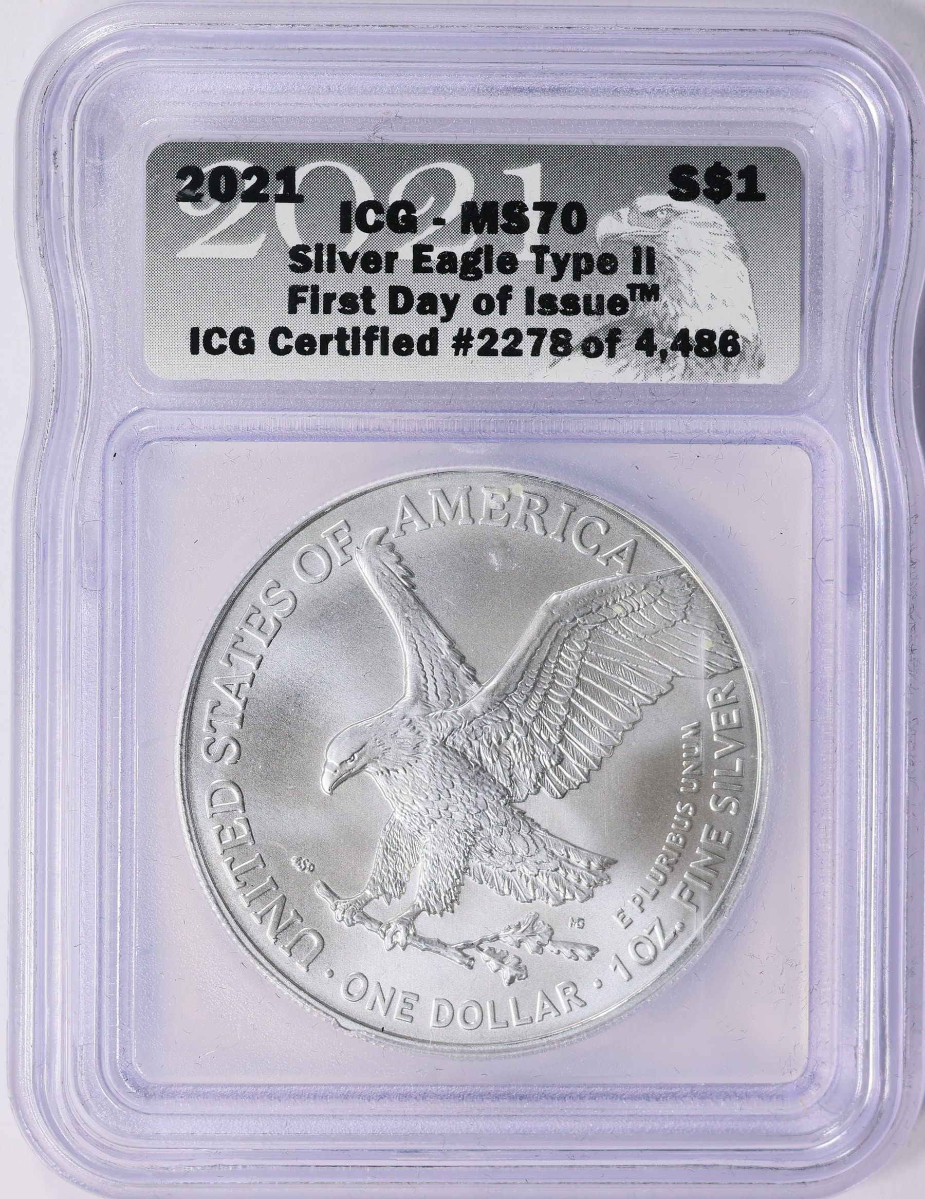 2021 $1 Silver Eagle Type 2 First Day of Issue ICG MS-70 (Item 1694258) | GreatCollections Coin ...