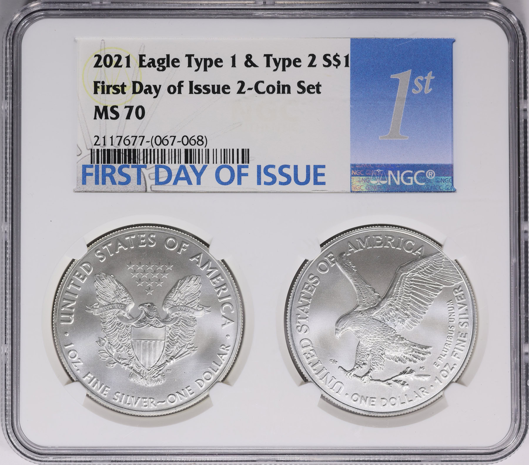 2021 $1 Silver Eagle Type 1 and 2 First Day of Issue NGC MS-70 (2 Coins, MultiCoin Holder) (Item ...