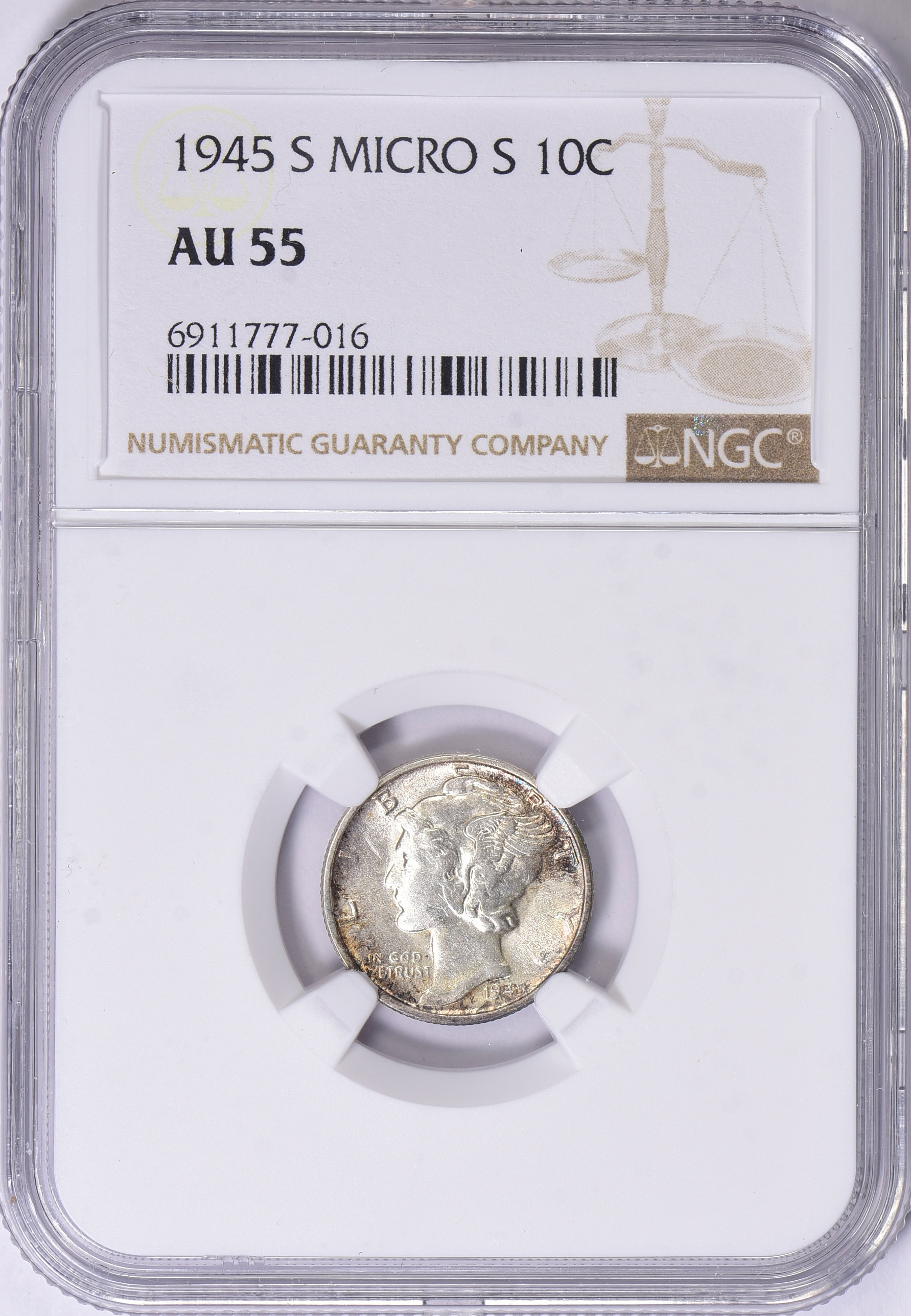 1945-S Mercury Dime Micro S NGC AU-55 (Toned) (Item 1694350) | GreatCollections Coin Auctions