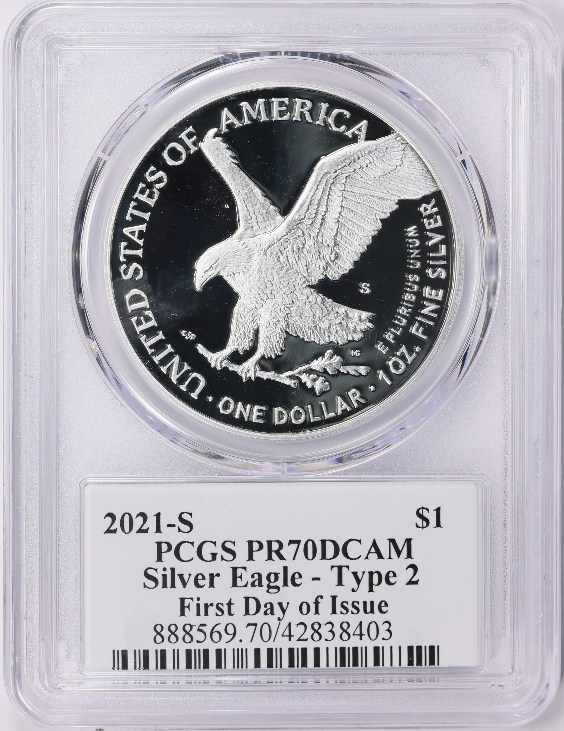 2021-S $1 Silver Eagle Type 2 First Day of Issue PCGS Proof-70 DCAM ...
