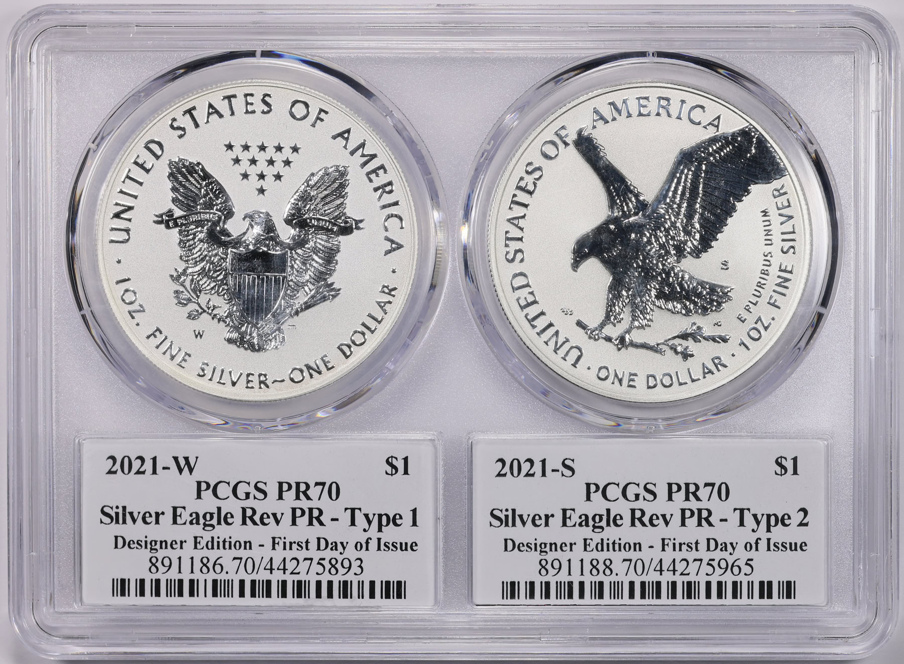 2021-W and 2021-S $1 Silver Eagle Type 1 and Type 2 - Designer Edition ...